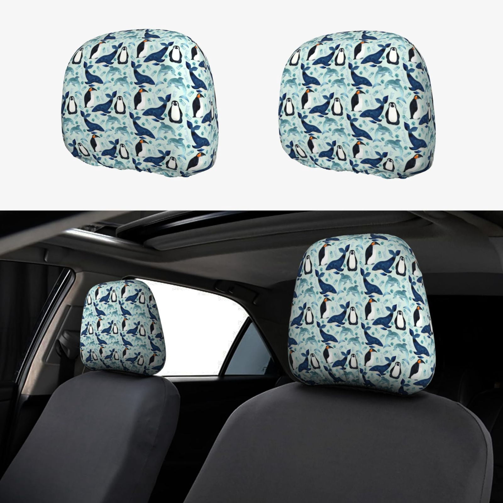 2 PCS Car Headrest Cover, Penguins Dolphins Whales Soft Car Seat Head ...
