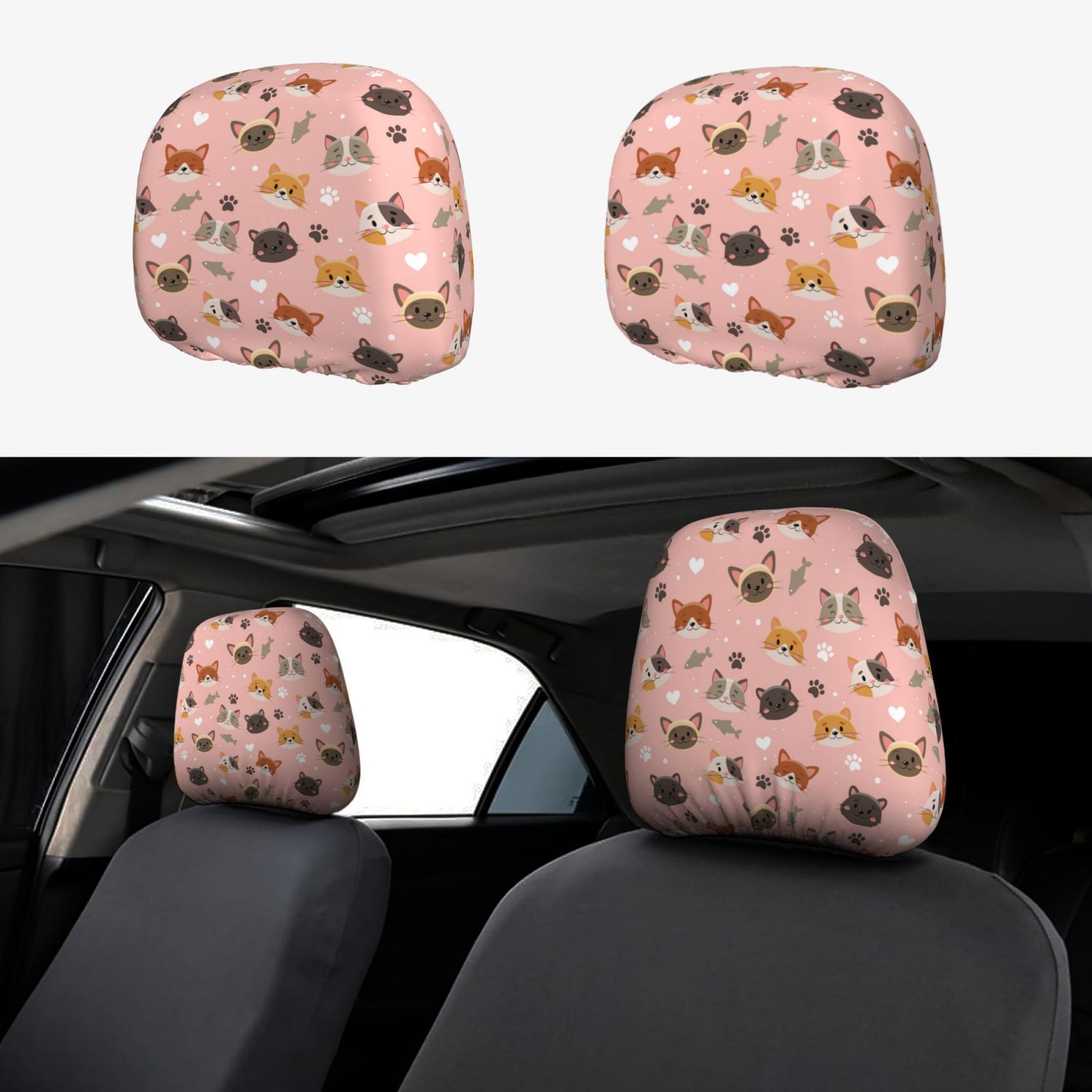 2 PCS Car Headrest Cover, Pink Cute Cartoon Cat Heart Soft Car Seat ...