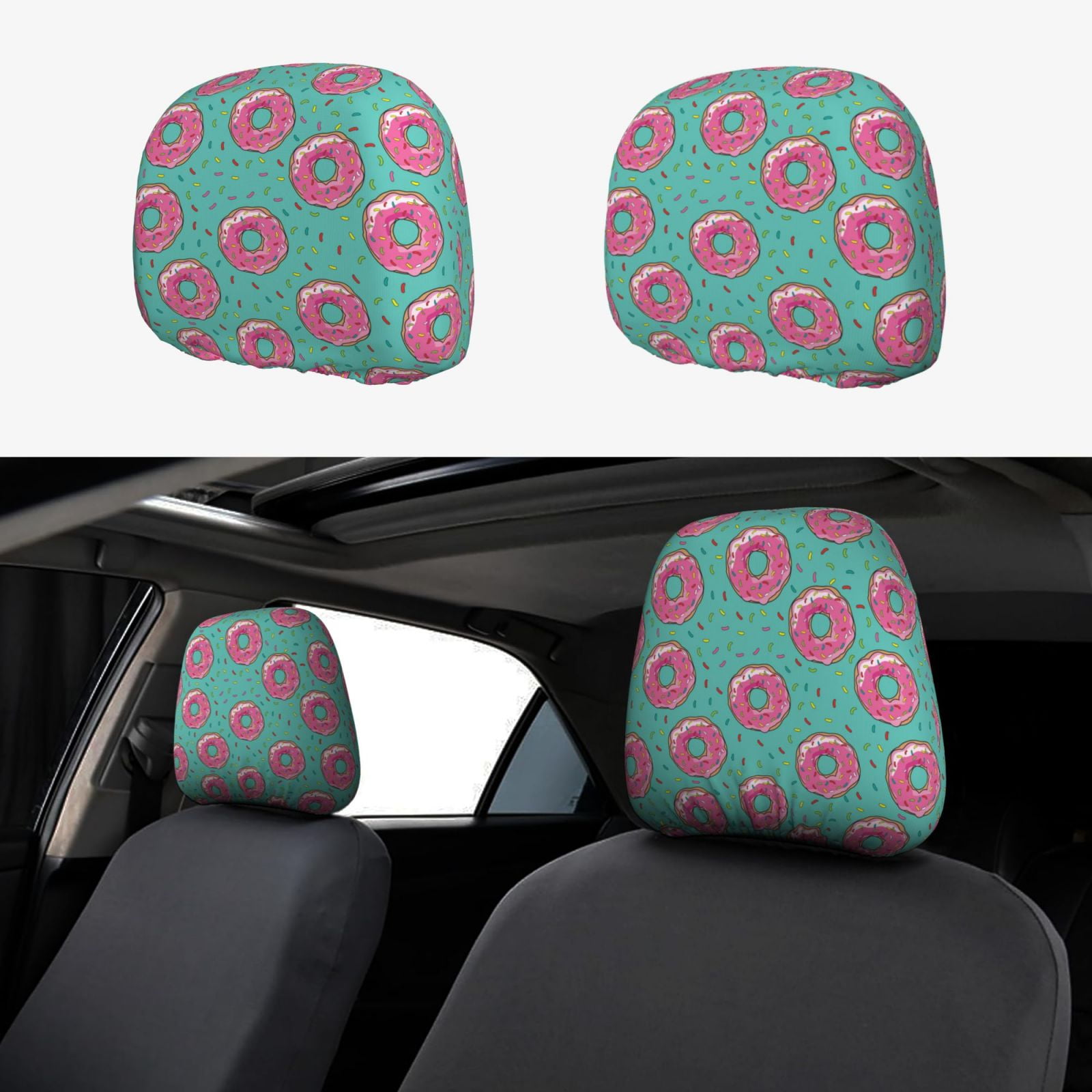 2 PCS Car Headrest Cover, Pink Donut Print Green Soft Car Seat Head ...