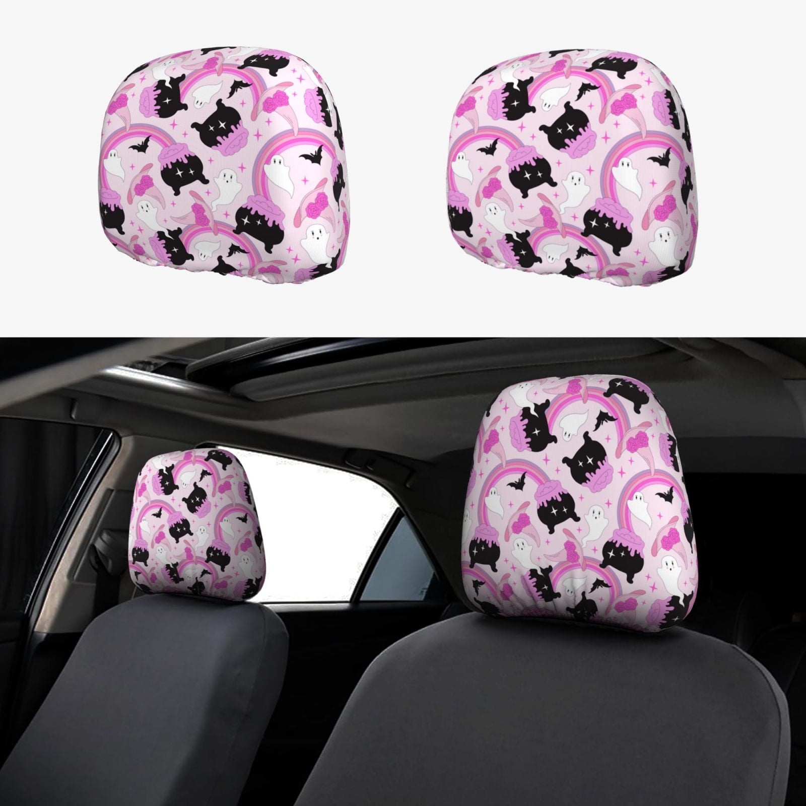 2 PCS Car Headrest Cover, Pink Girl Halloween Soft Car Seat Head Rest ...