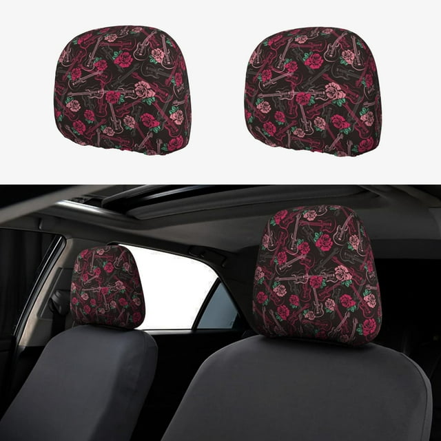 2 PCS Car Headrest Cover, Pink Red Carnations Flowers Guitar Soft Car ...