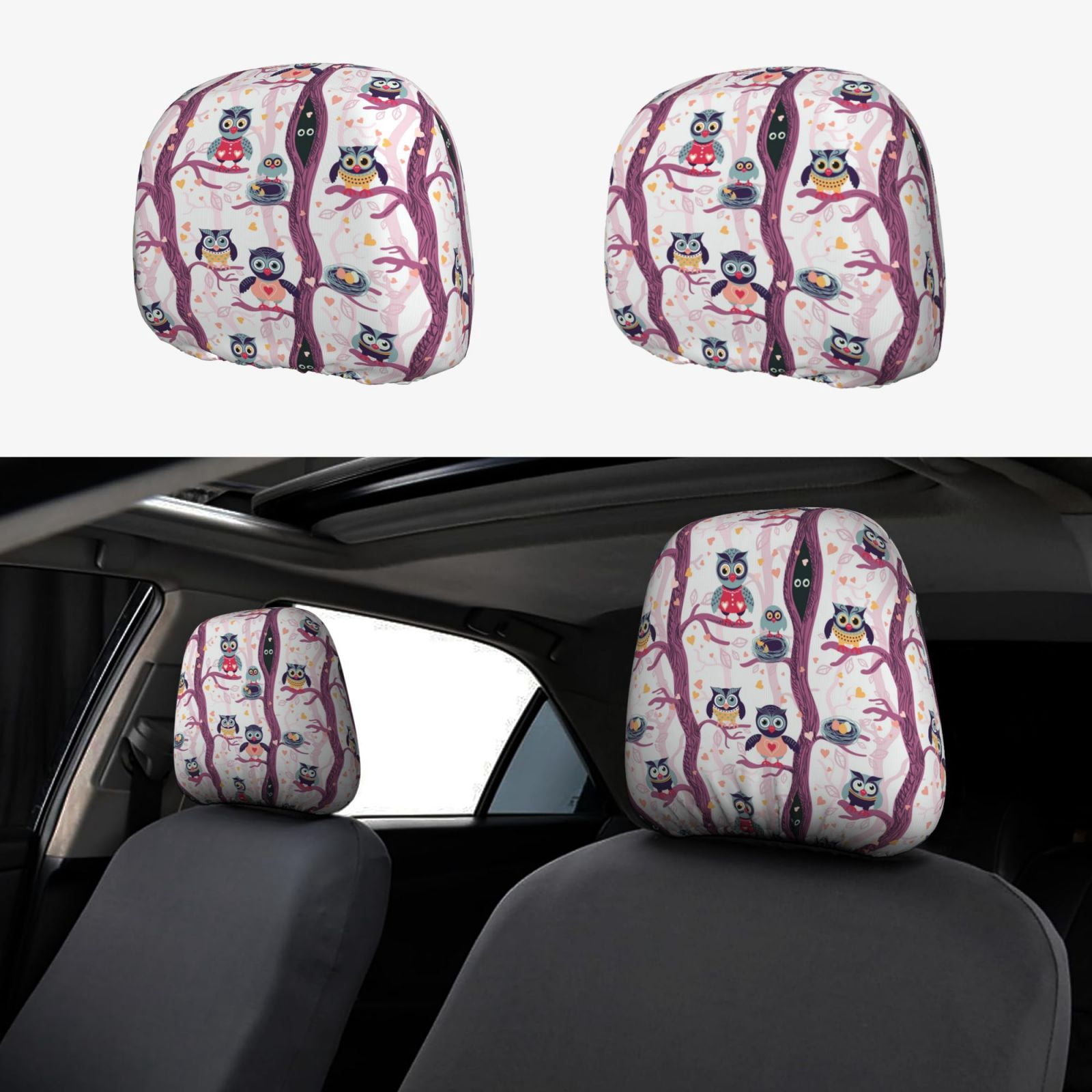 2 PCS Car Headrest Cover, Purple Tree Owls Soft Car Seat Head Rest ...