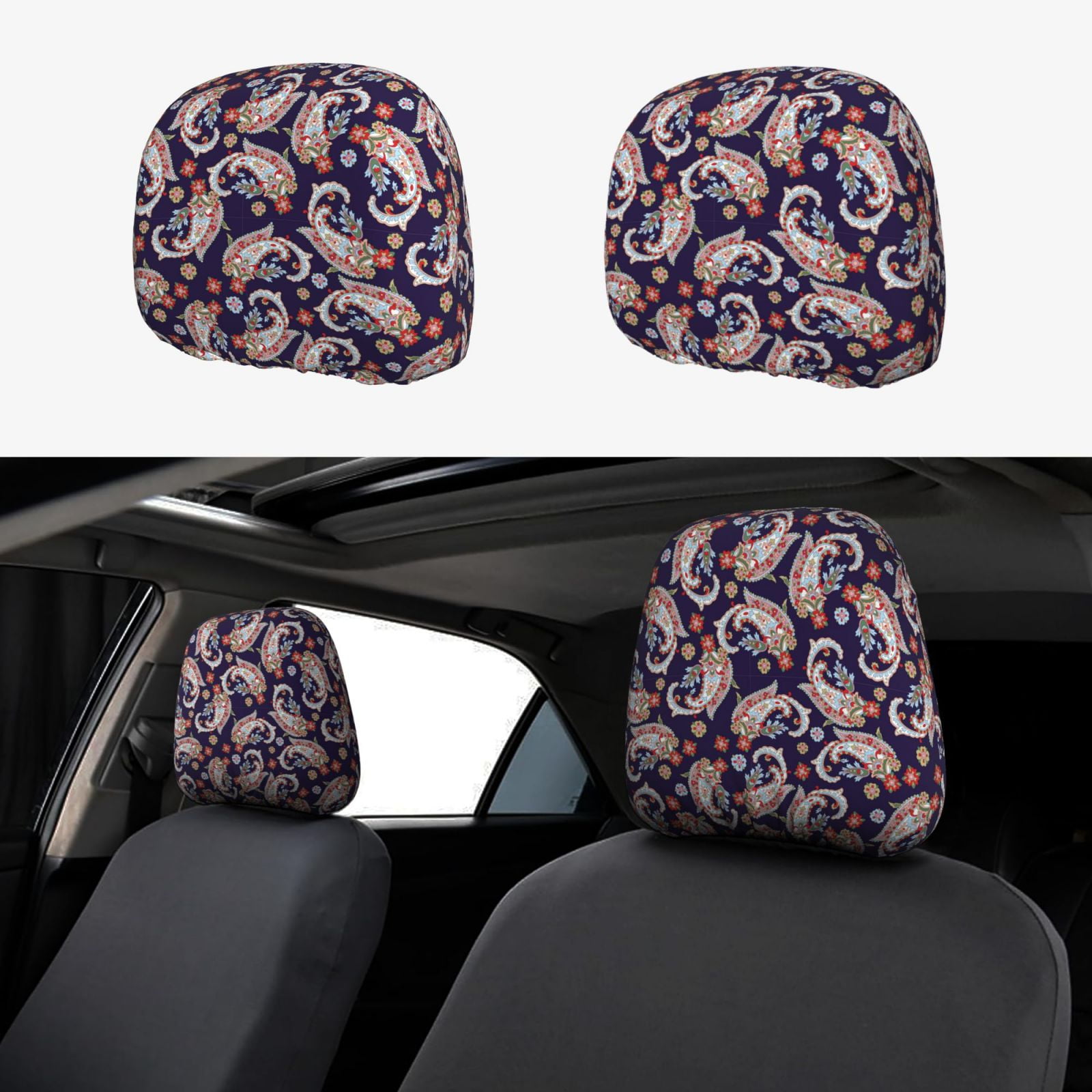 2 PCS Car Headrest Cover, Red Blue Green Flower Paisley Soft Car Seat ...