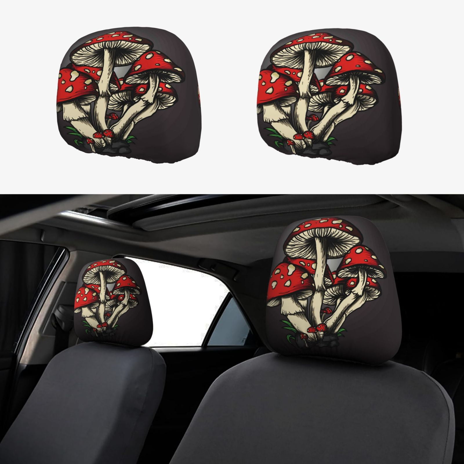 2 PCS Car Headrest Cover Red Mushrooms k Breathable Flexible Elastic ...