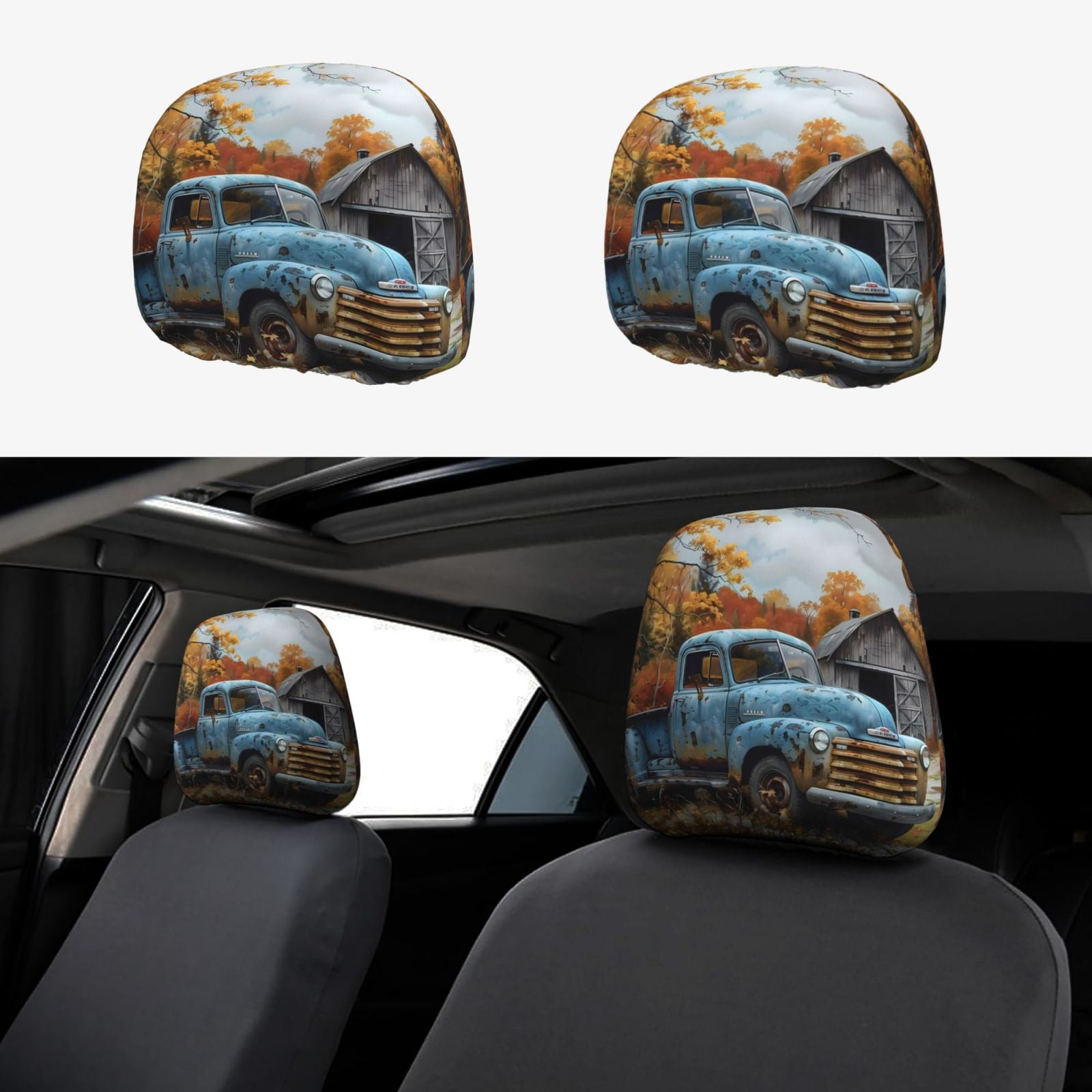 2 PCS Car Headrest Cover, Rustic Vintage Truck Autumn Soft Car Seat ...