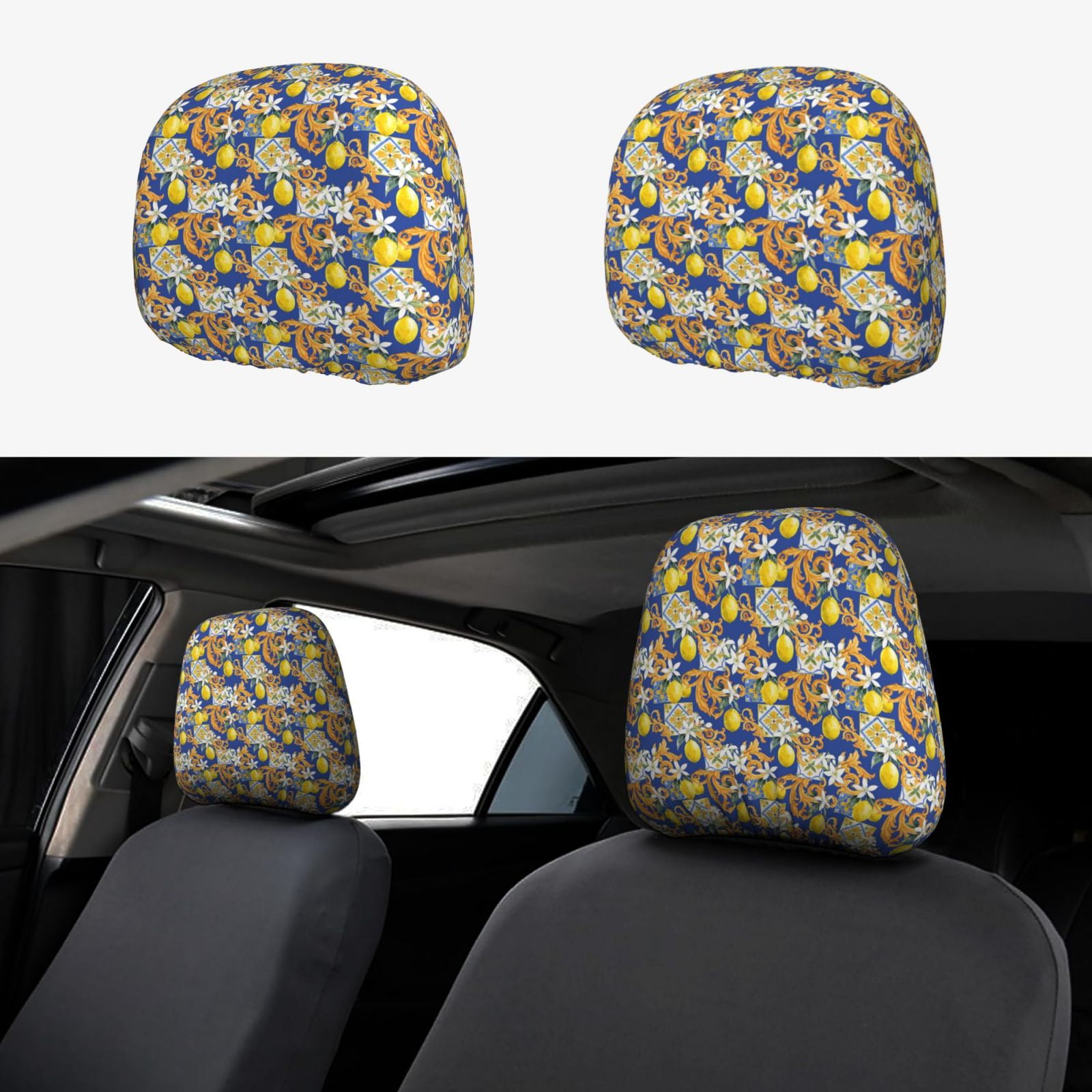 2 PCS Car Headrest Cover Sicilian style golden lemon navyblue ...