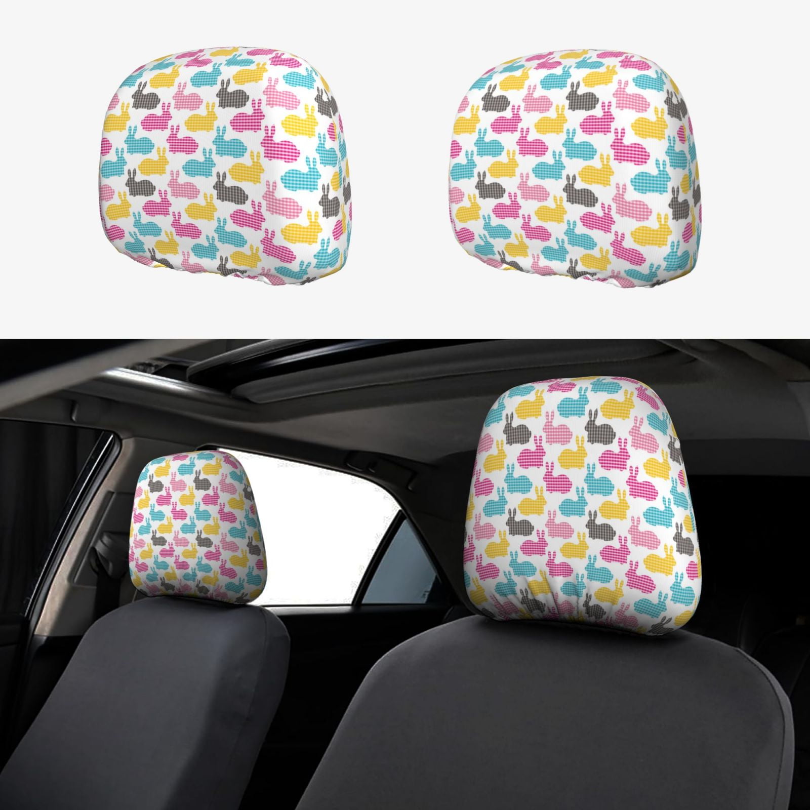 2 PCS Car Headrest Cover, Simple Plaid Color Cute Rabbit Soft Car Seat ...