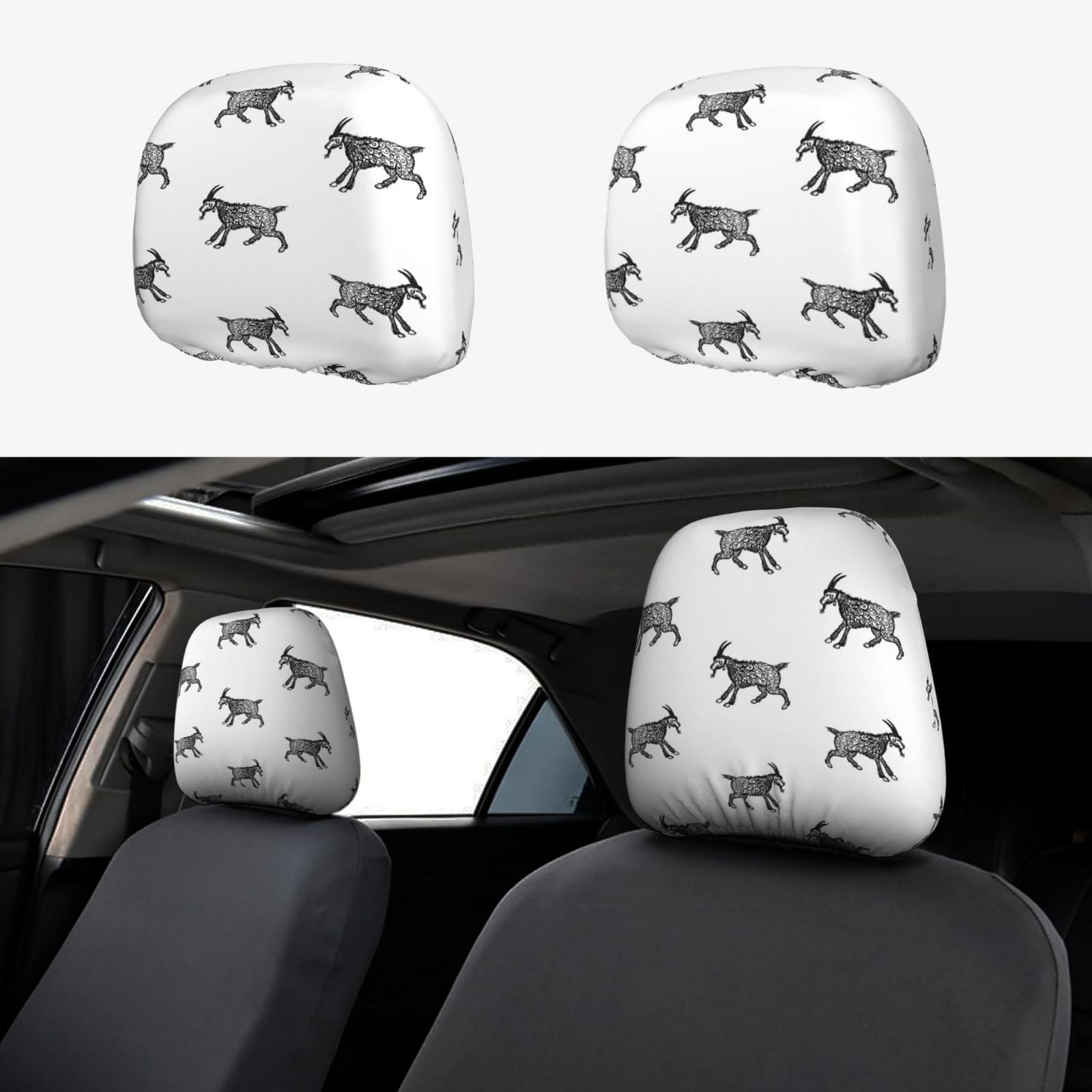 2 PCS Car Headrest Cover, Sketch Black White Funny Cute Goat Soft Car ...
