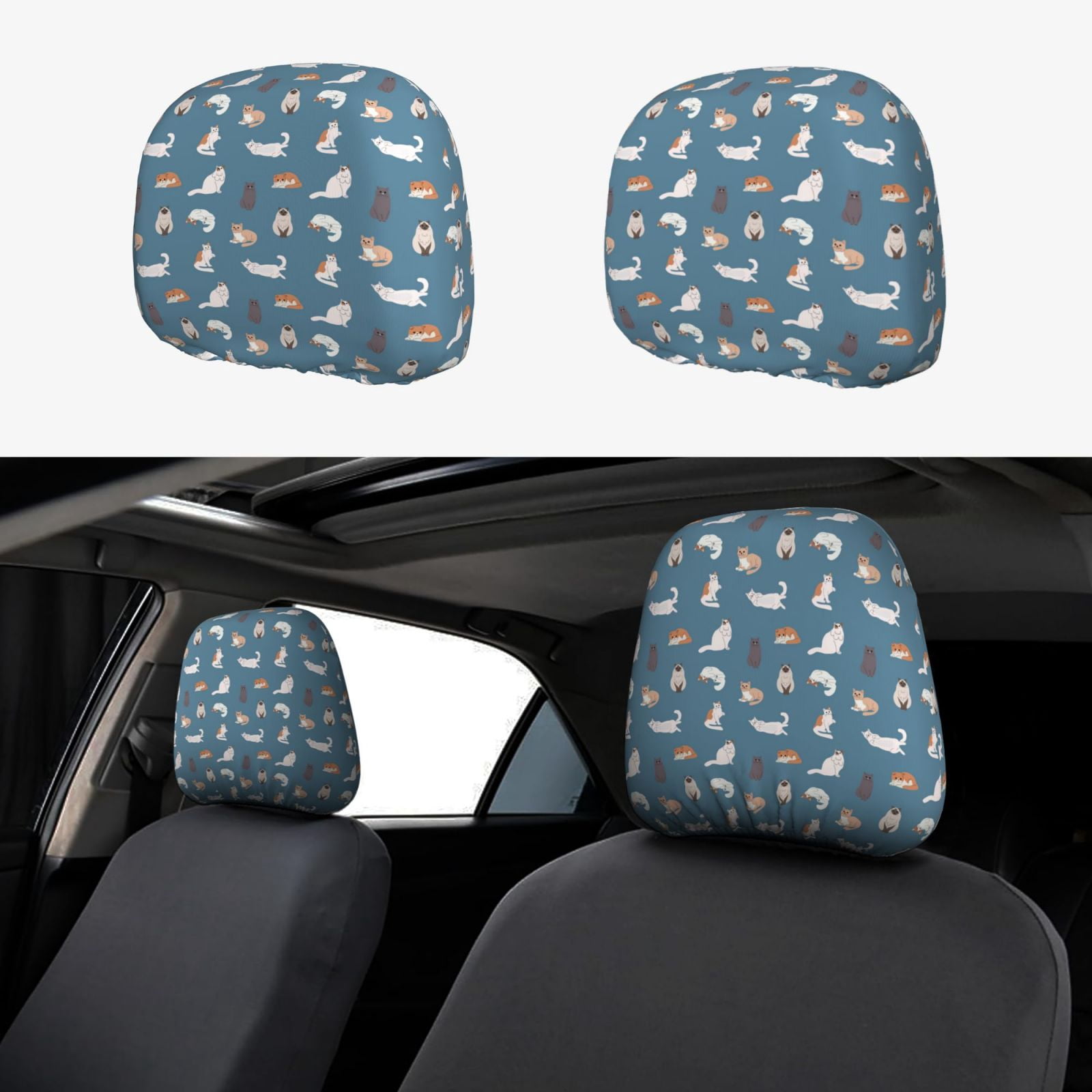 2 PCS Car Headrest Cover, Sophisticated cartoon cute cat Soft Car Seat ...