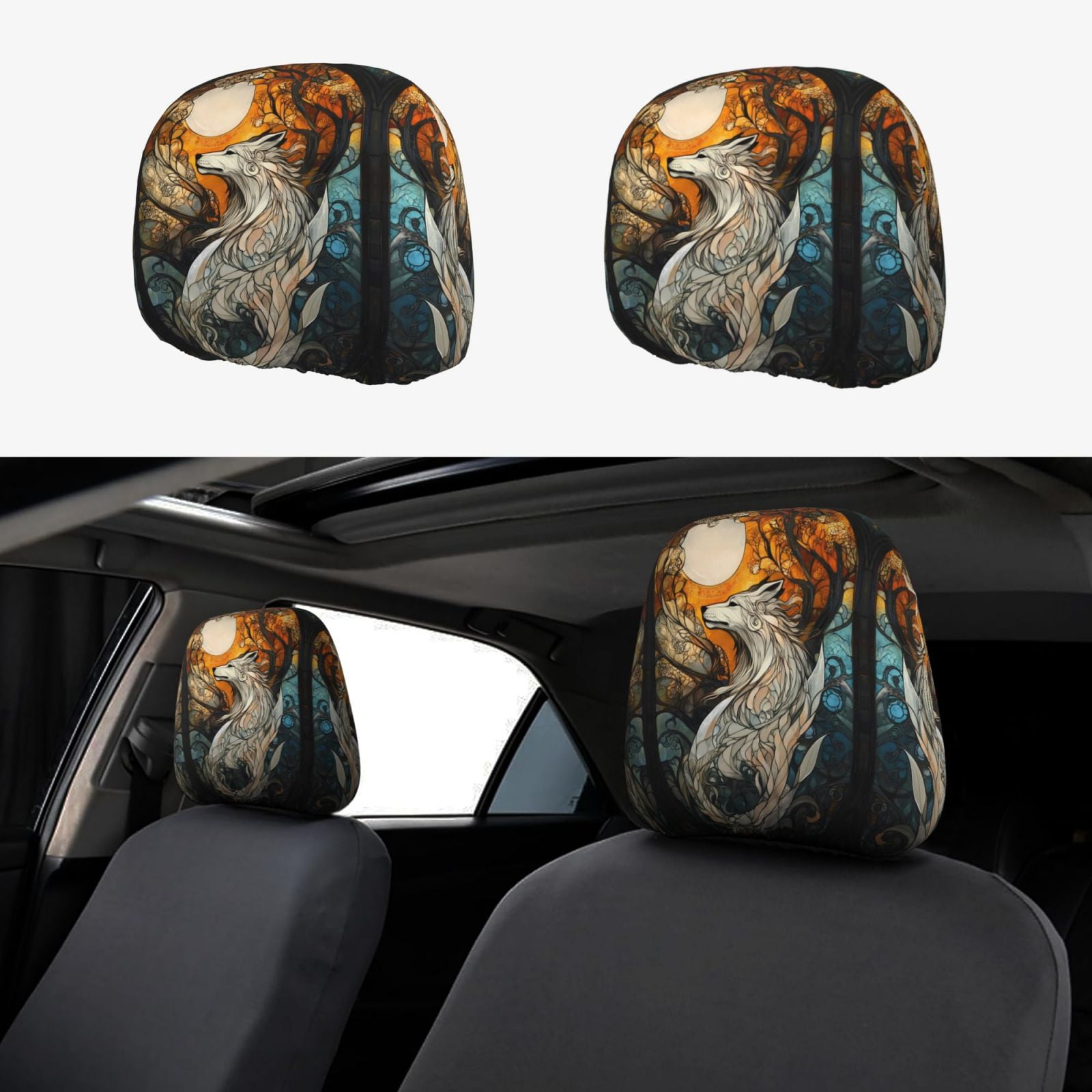 2 PCS Car Headrest Cover Stained Glass Wolf Moon Breathable Flexible ...