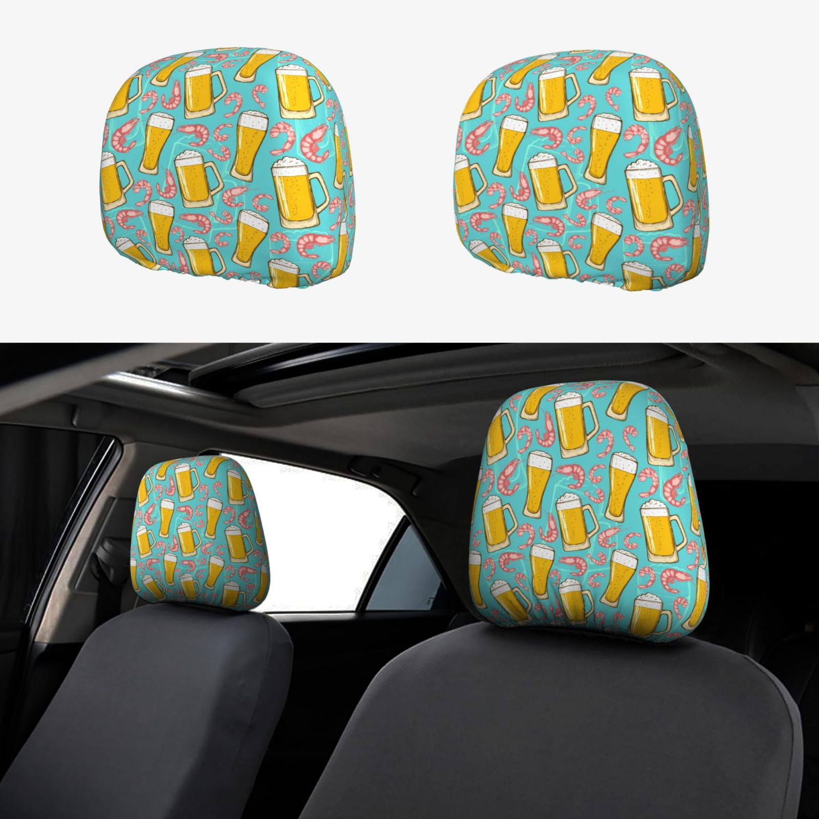 2 PCS Car Headrest Cover, Summer Shrimps Beer Soft Car Seat Head Rest ...