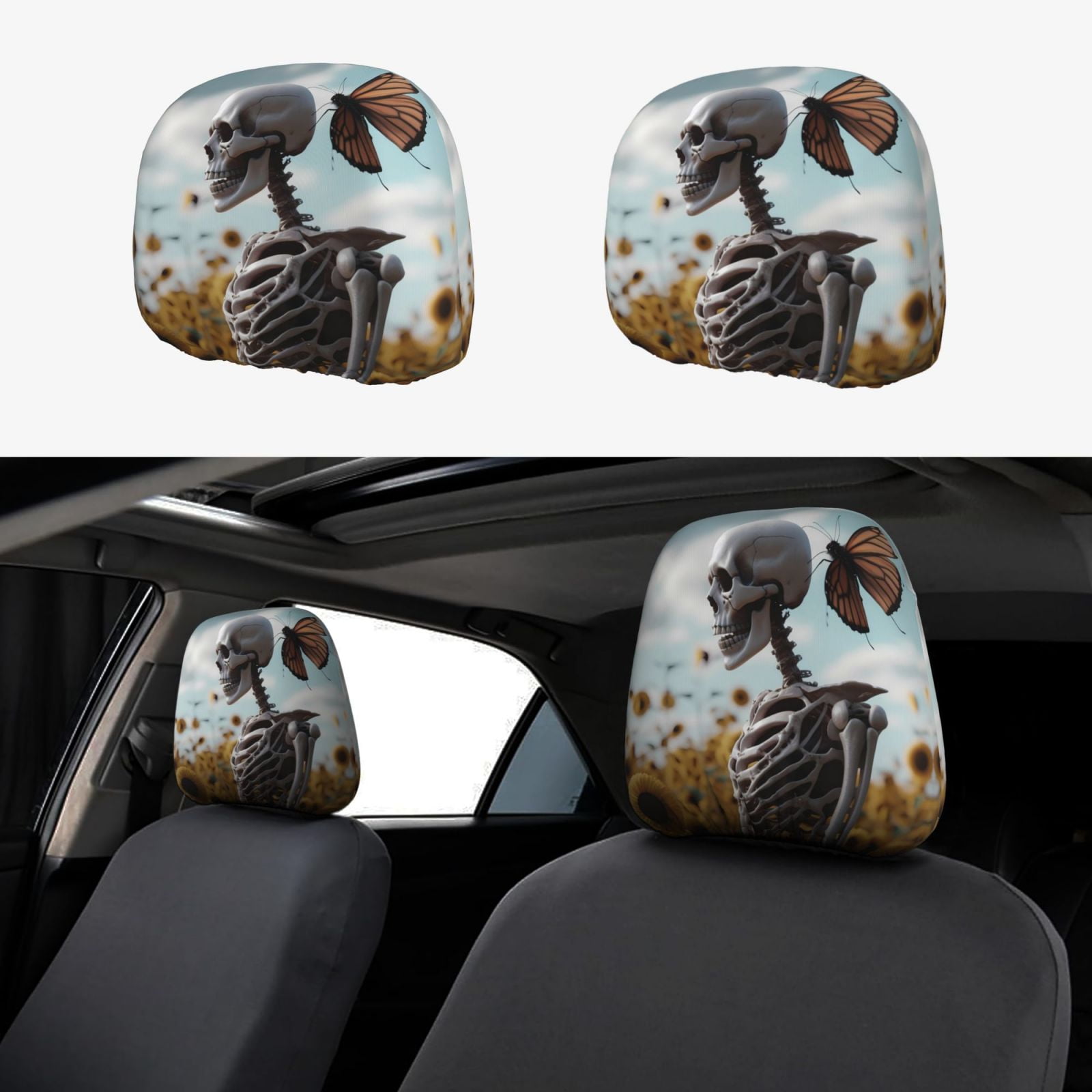 2 PCS Car Headrest Cover Sunflower Butterfly Skull Breathable Flexible ...
