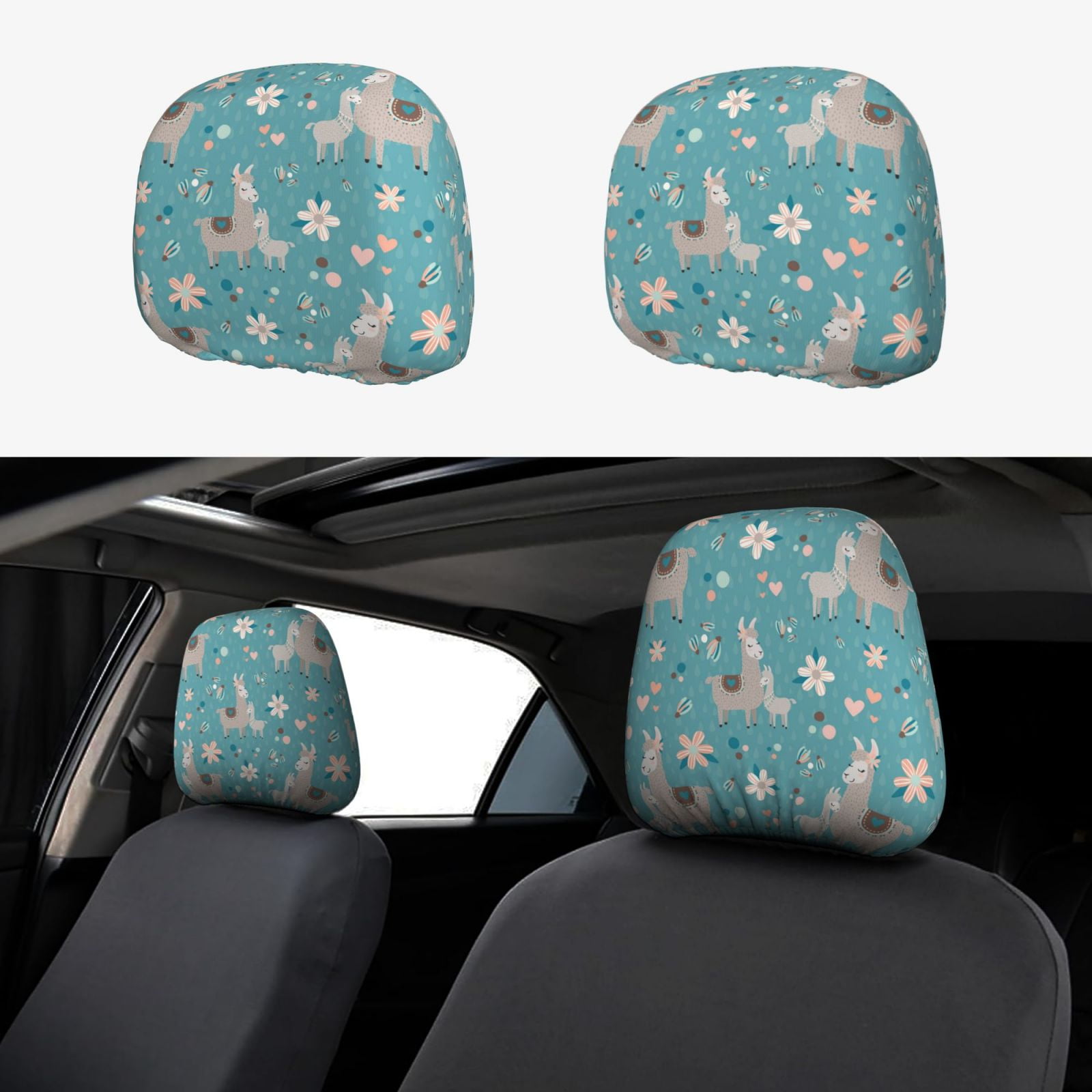 2 PCS Car Headrest Cover, Teal Mama Llama Soft Car Seat Head Rest Cover ...