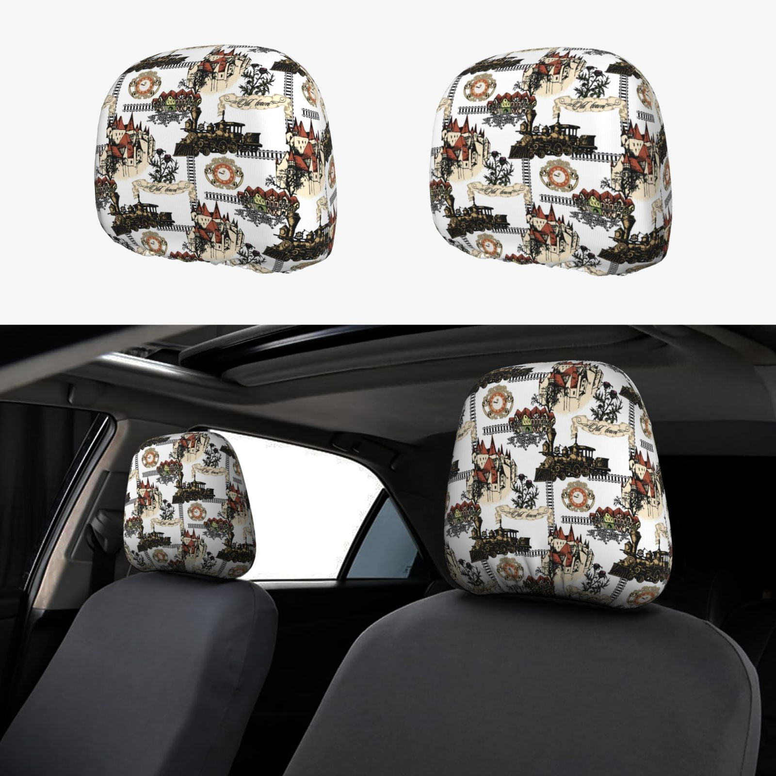 2 PCS Car Headrest Cover, Train Pattern Vintage Soft Car Seat Head Rest ...
