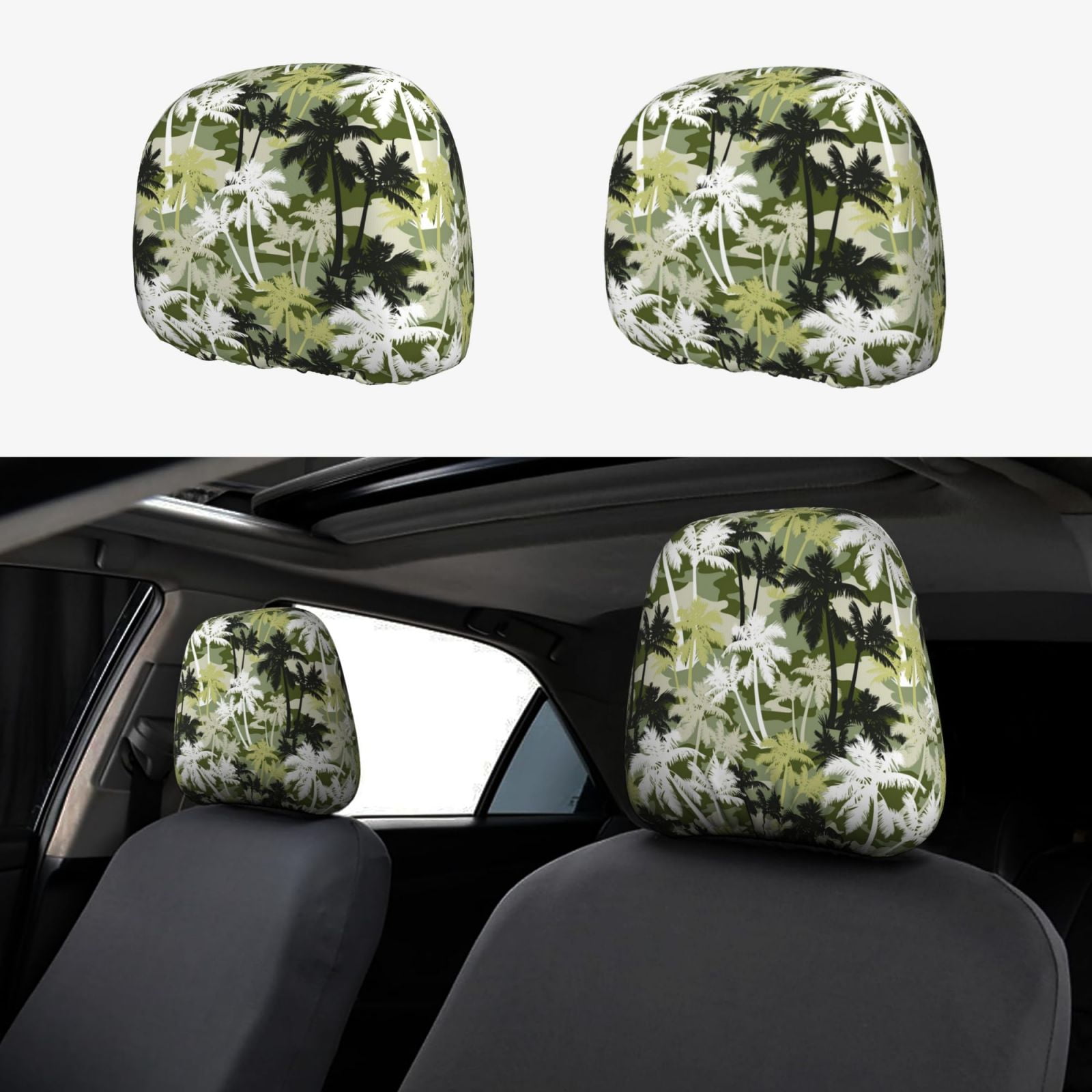 2 PCS Car Headrest Cover, Tropical Jungle Camouflage Soft Car Seat Head ...