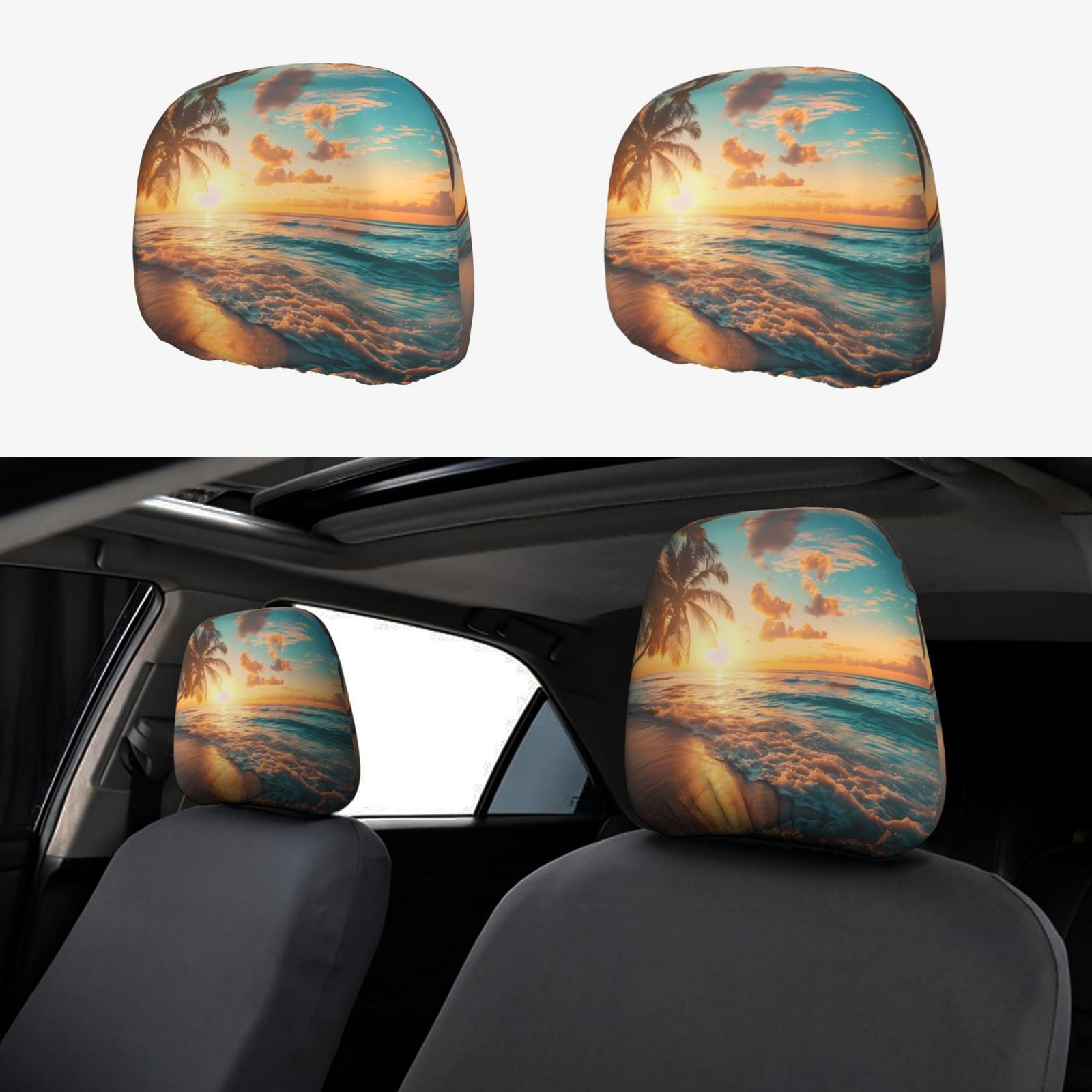 2 PCS Car Headrest Cover, Tropical Sunset Beach Scene Soft Car Seat ...