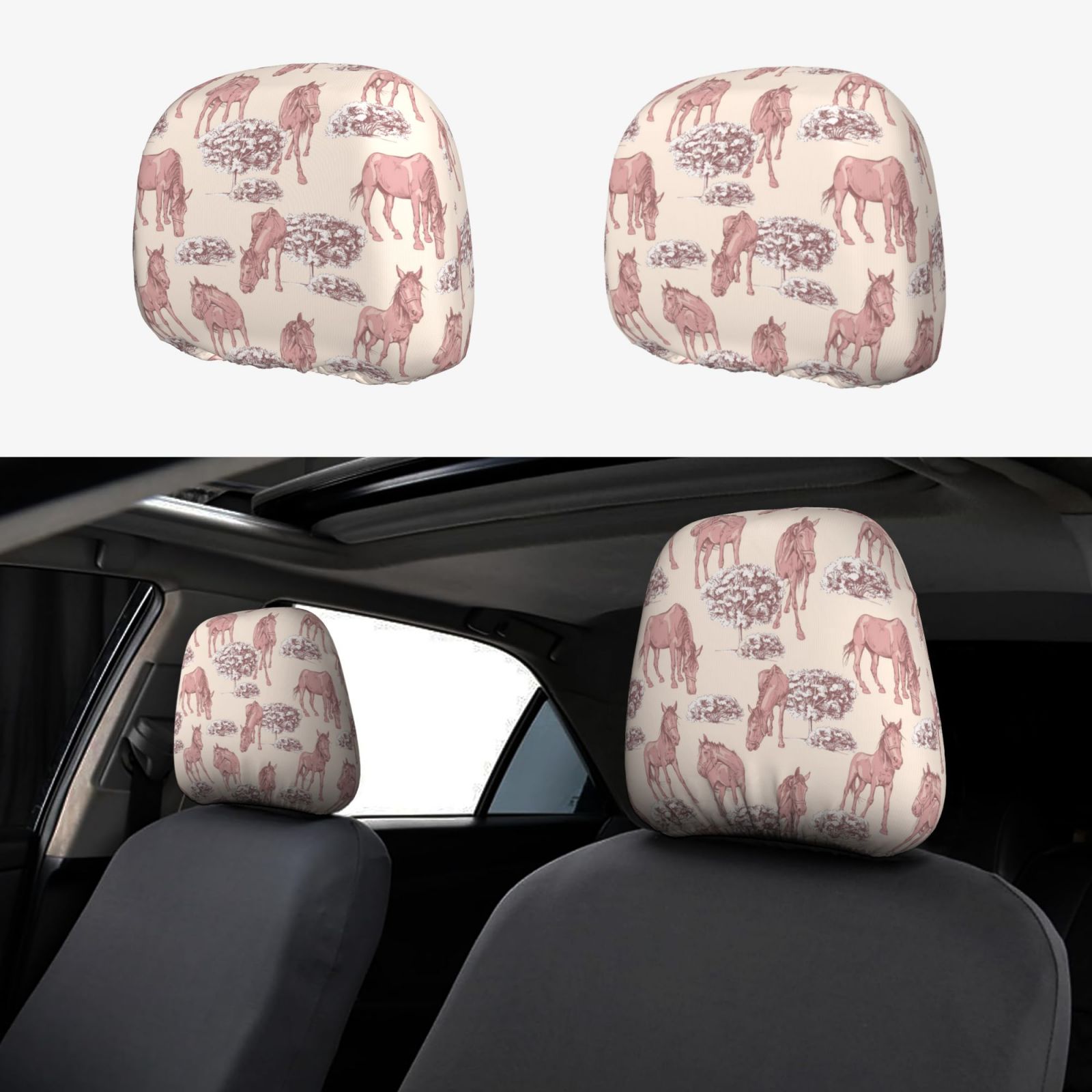 2 PCS Car Headrest Cover, Vintage Cute Horse Tree Soft Car Seat Head ...