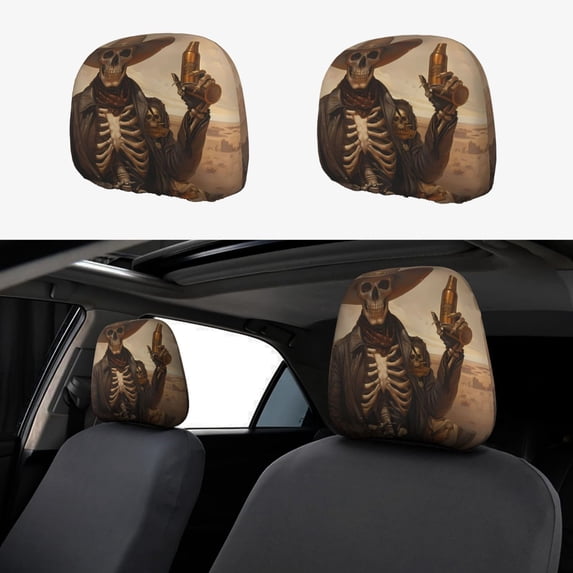 2 PCS Car Headrest Cover, Western Skull Cowboy Soft Car Seat Head Rest ...