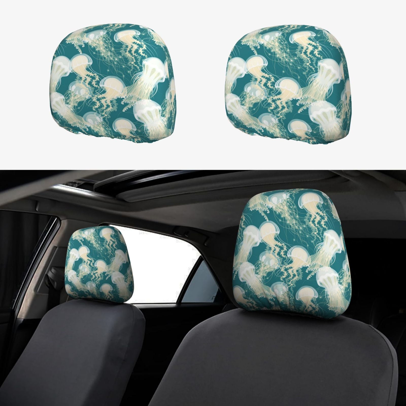 2 PCS Car Headrest Cover, White Jellyfish Print Green Soft Car Seat ...