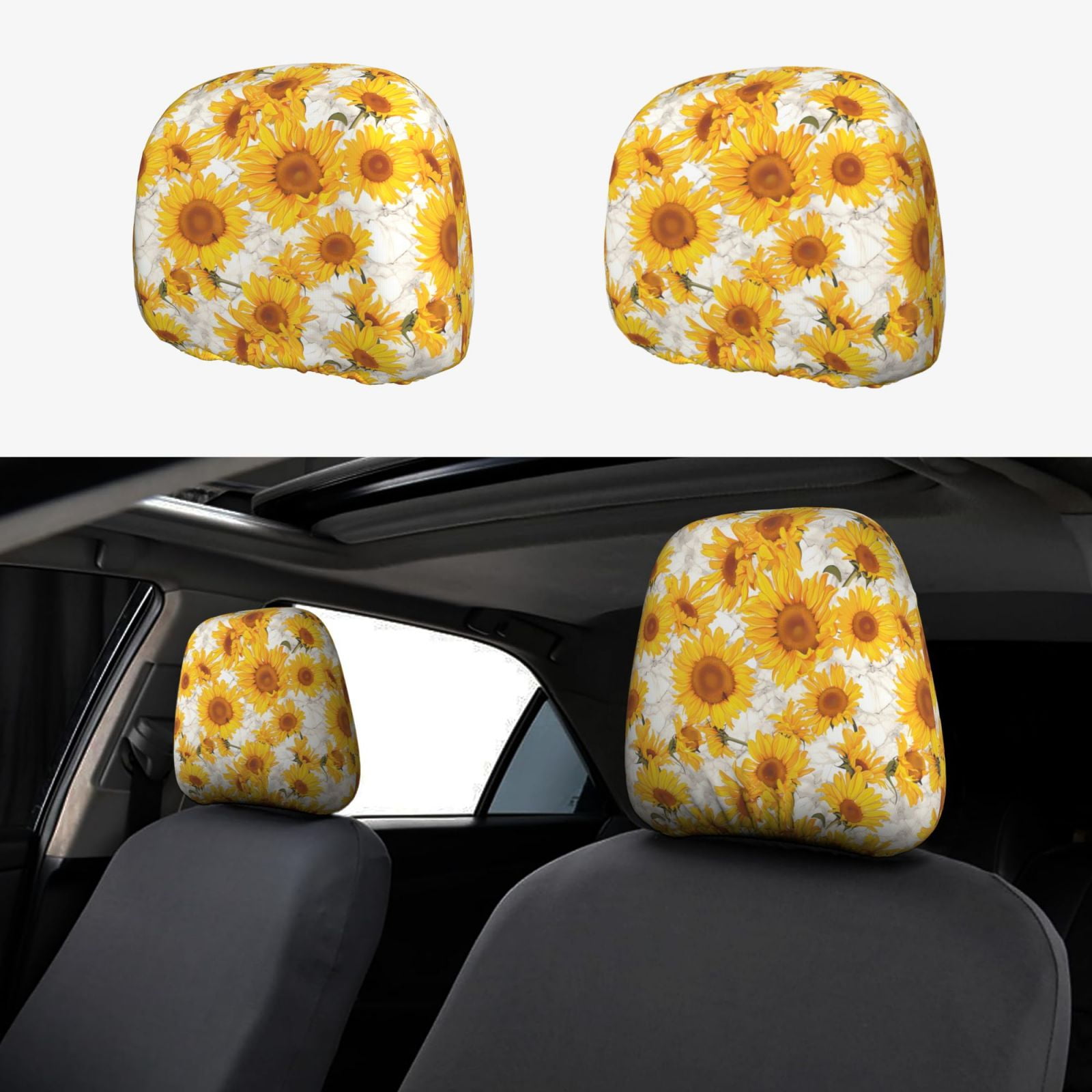 2 PCS Car Headrest Cover, White Marble Pattern Sunflower Soft Car Seat ...