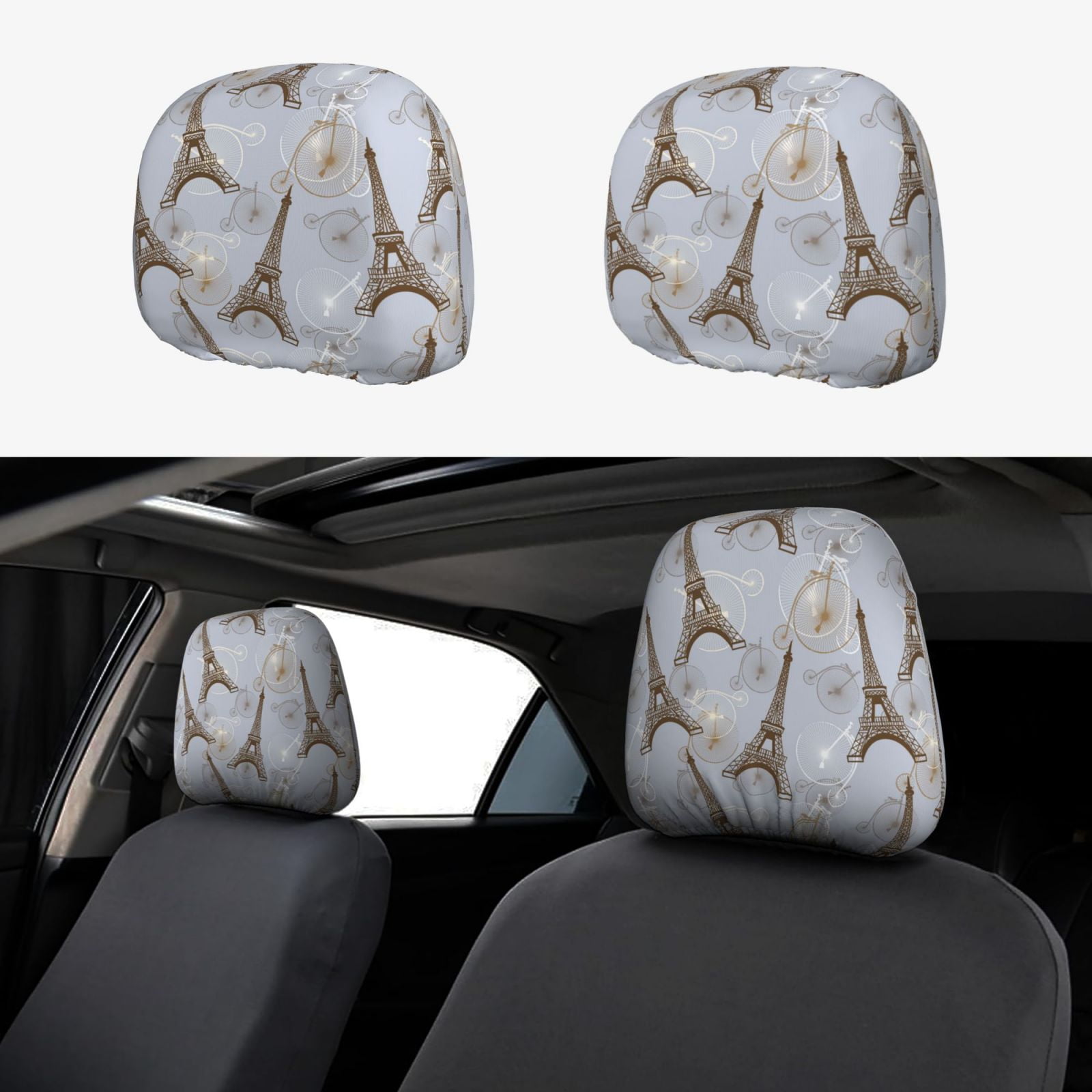 2 PCS Car Headrest Cover, bike Eiffel Tower Soft Car Seat Head Rest ...