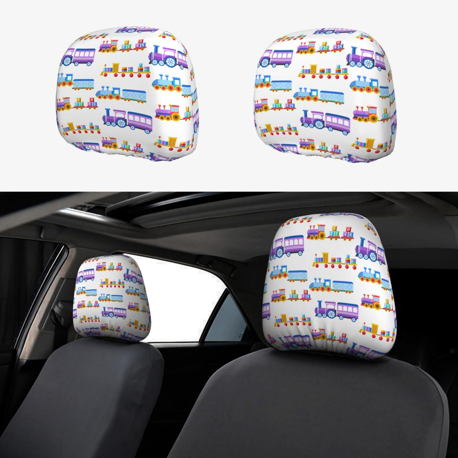 2 PCS Car Headrest Cover, colorful Trains Pattern Soft Car Seat Head ...