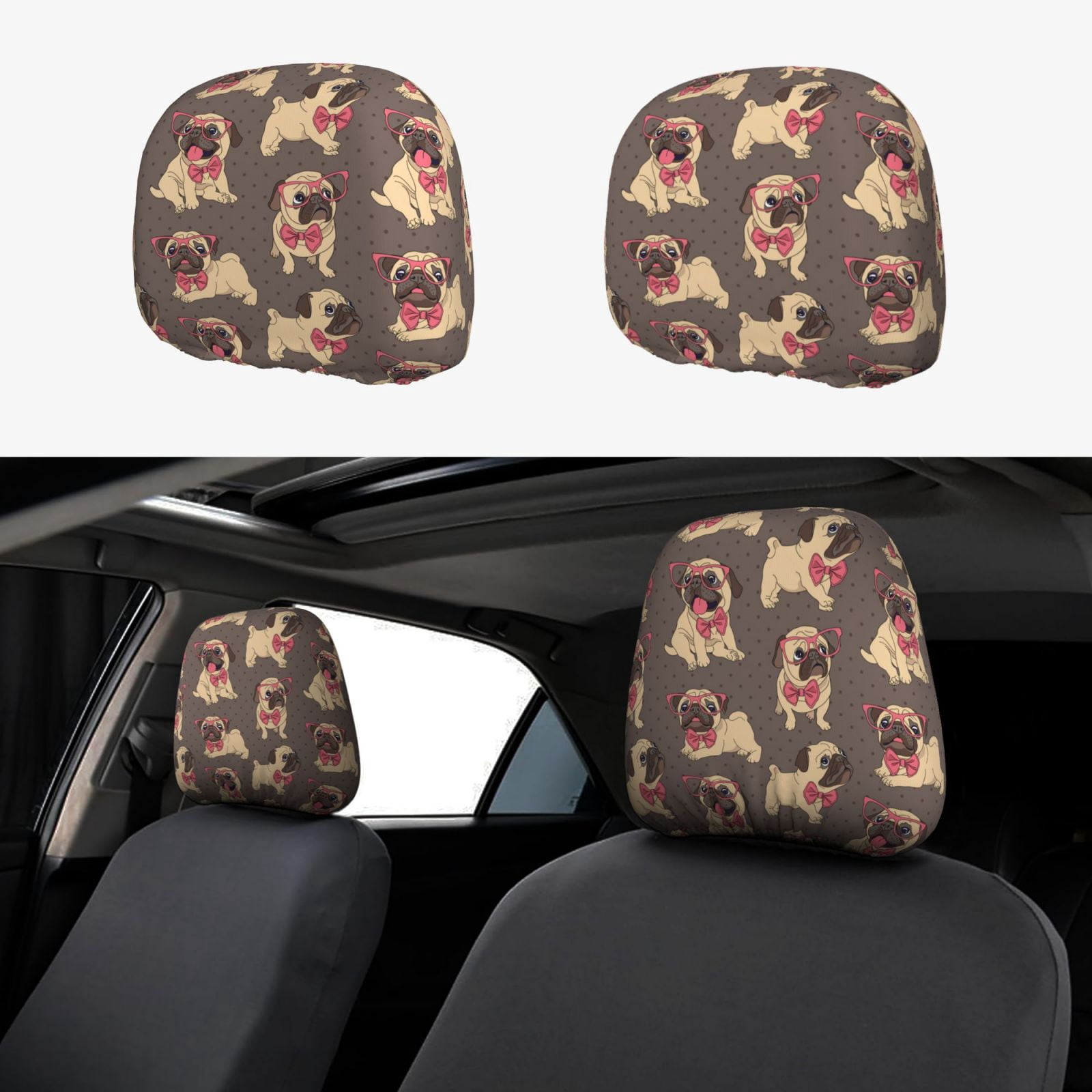 2 PCS Car Headrest Cover cute Pug pink glasses funny Breathable ...