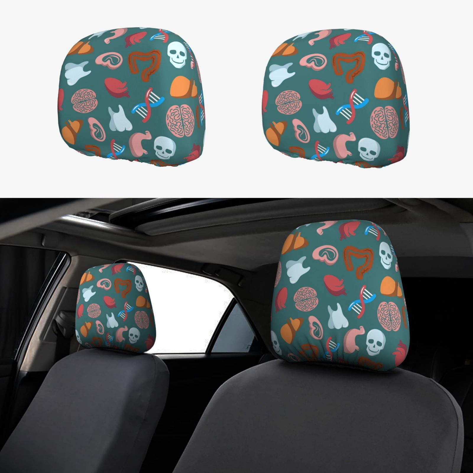 2 PCS Car Headrest Cover cute Skull organ Breathable Flexible Elastic ...