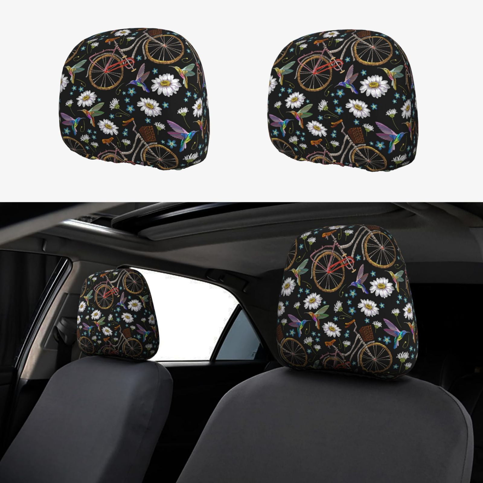 2 PCS Car Headrest Cover, daisy bike bird Soft Car Seat Head Rest Cover ...