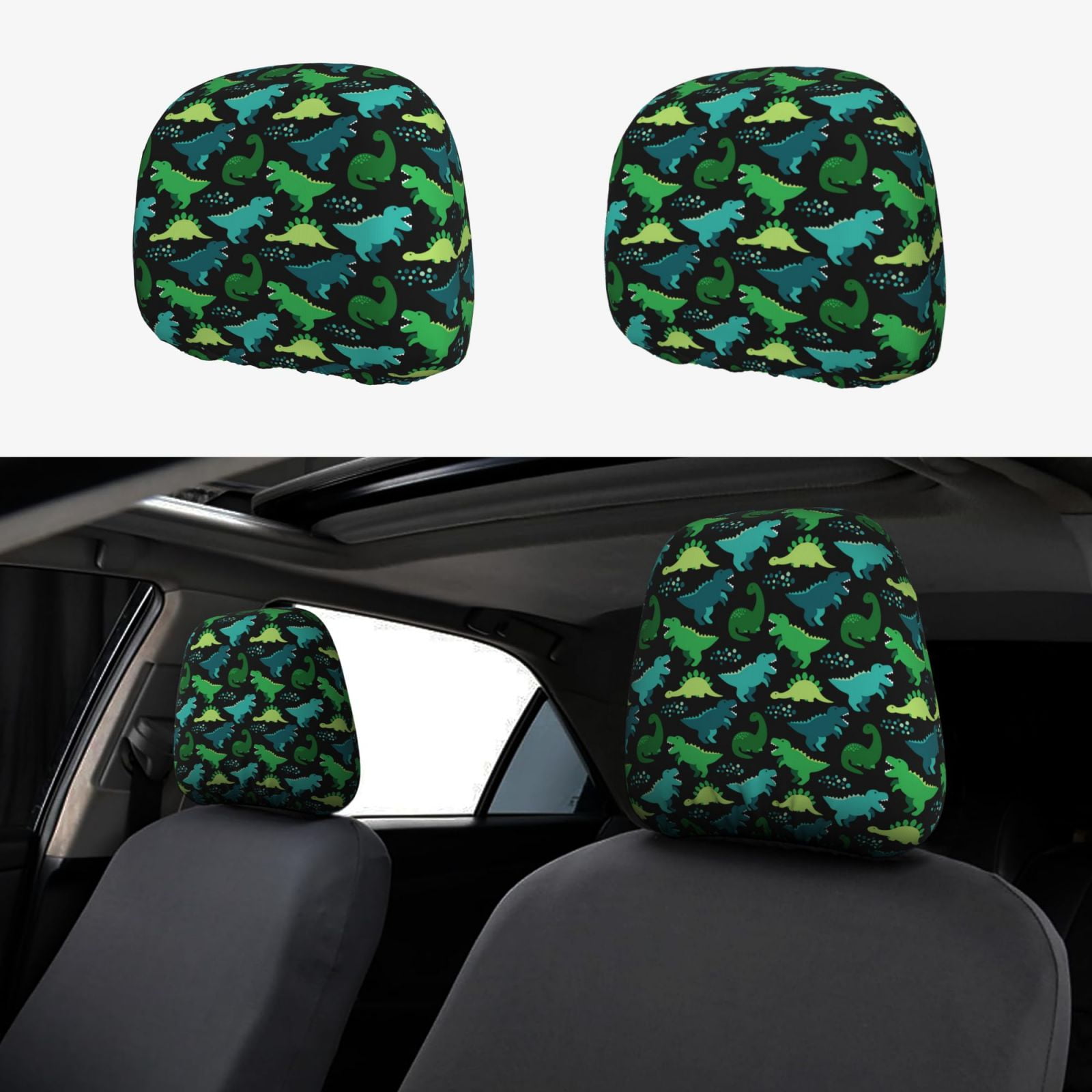 2 PCS Car Headrest Cover green Dinosaur Breathable Flexible Elastic Car ...