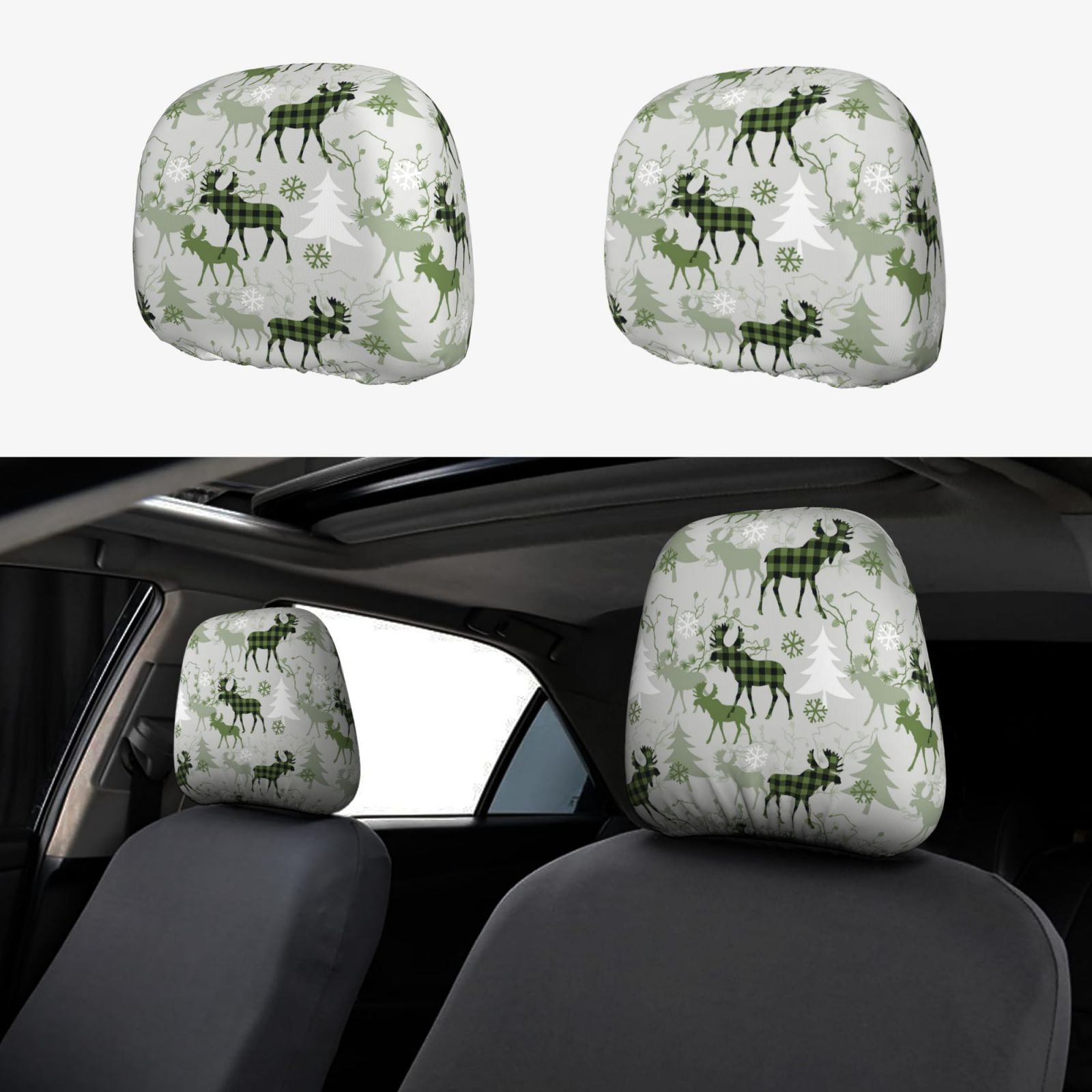 2 PCS Car Headrest Cover, green plaid Moose tree Soft Car Seat Head ...