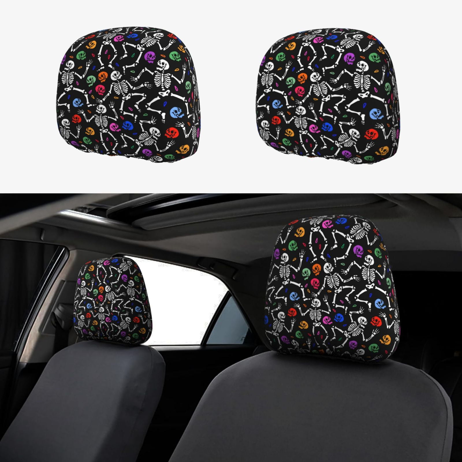 2 PCS Car Headrest Cover, halloween skull design Soft Car Seat Head ...