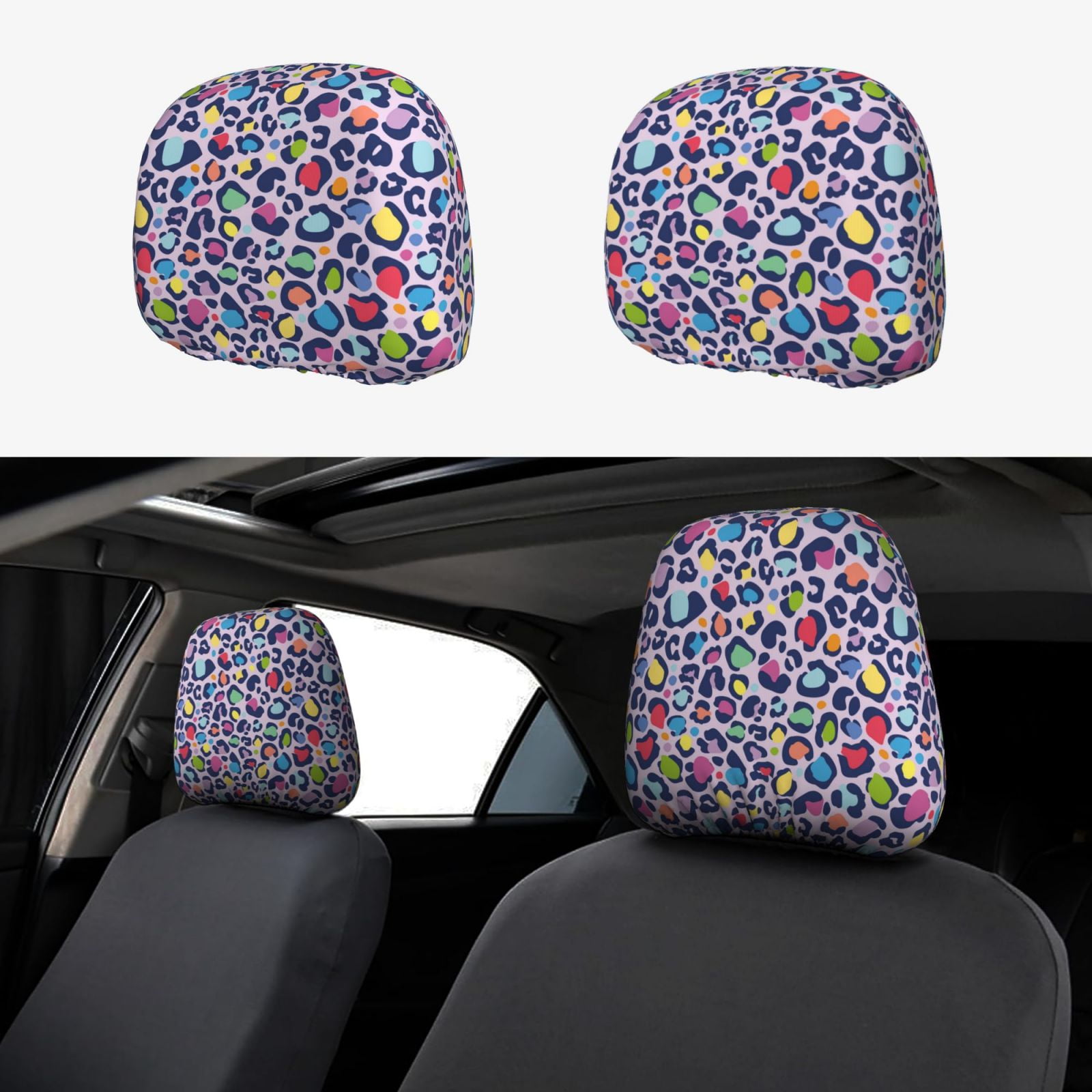 2 PCS Car Headrest Cover, rainbow leopard spot print Soft Car Seat Head ...