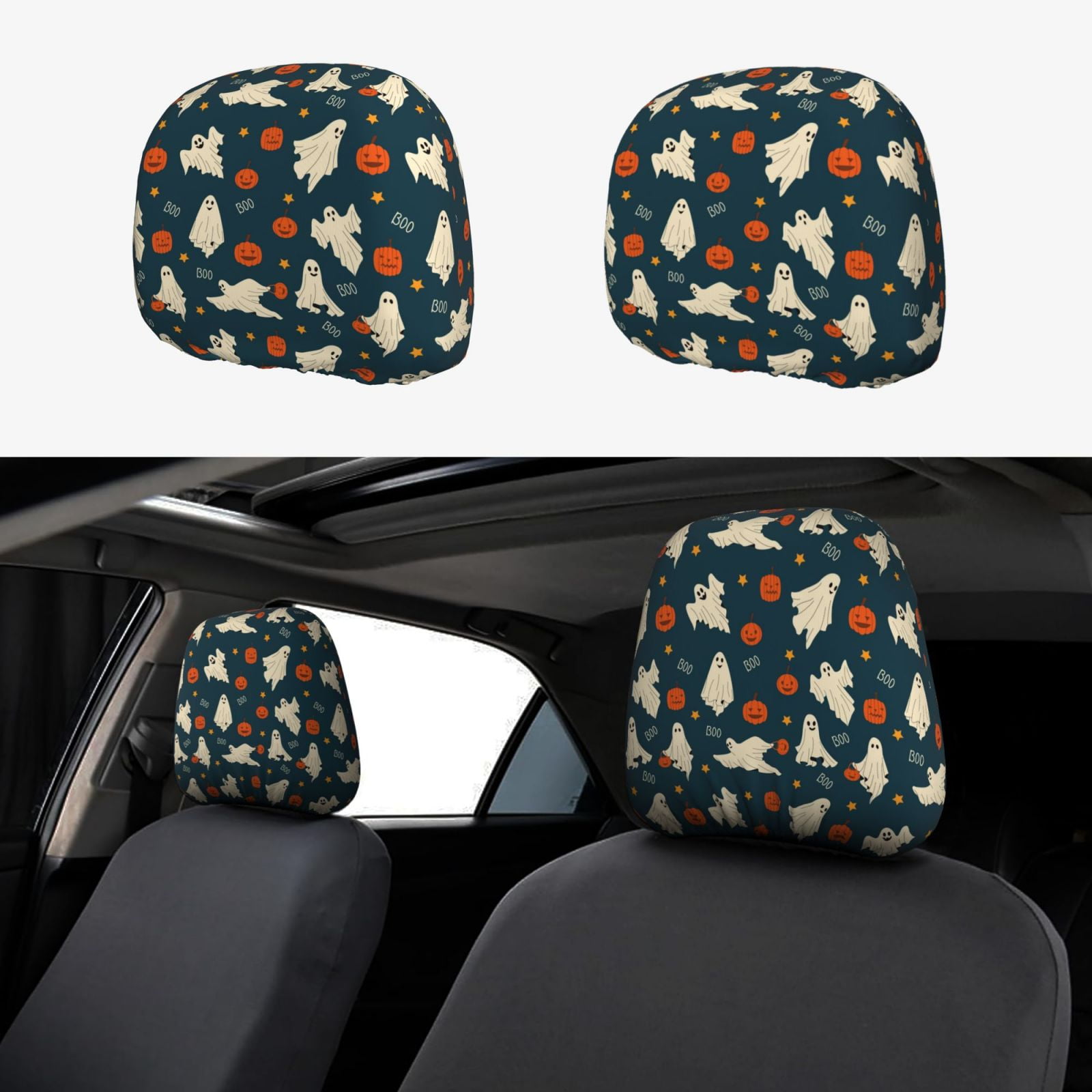 2 PCS Car Headrest Cover, spooky halloween pumpkin Soft Car Seat Head ...