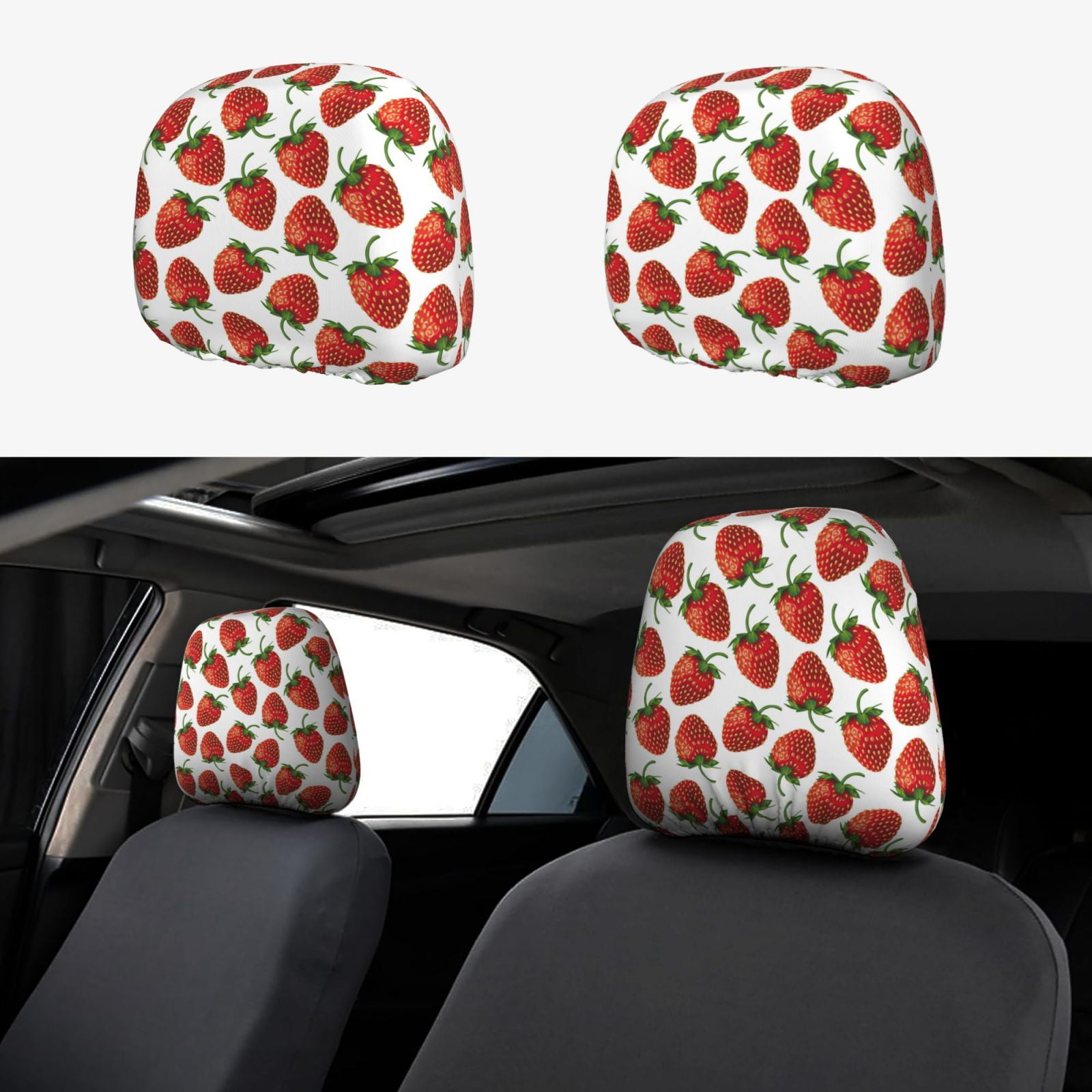 2 PCS Car Headrest Cover, strawberries print Soft Car Seat Head Rest ...