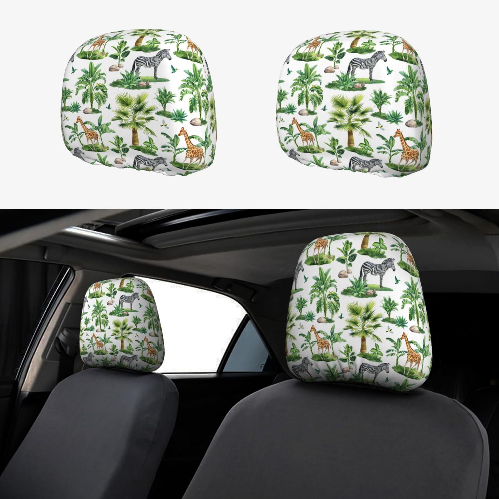 2 PCS Car Headrest Cover zebra Giraffe Tropical palm tree Breathable ...