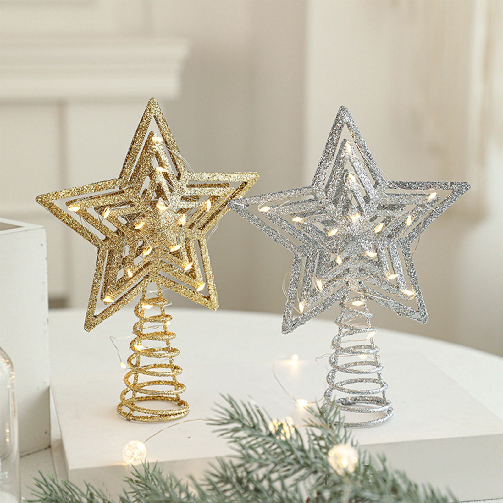 2 PCS Christmas Star Tree Topper,Glitter Star Tree Topper,Plug in 3D ...