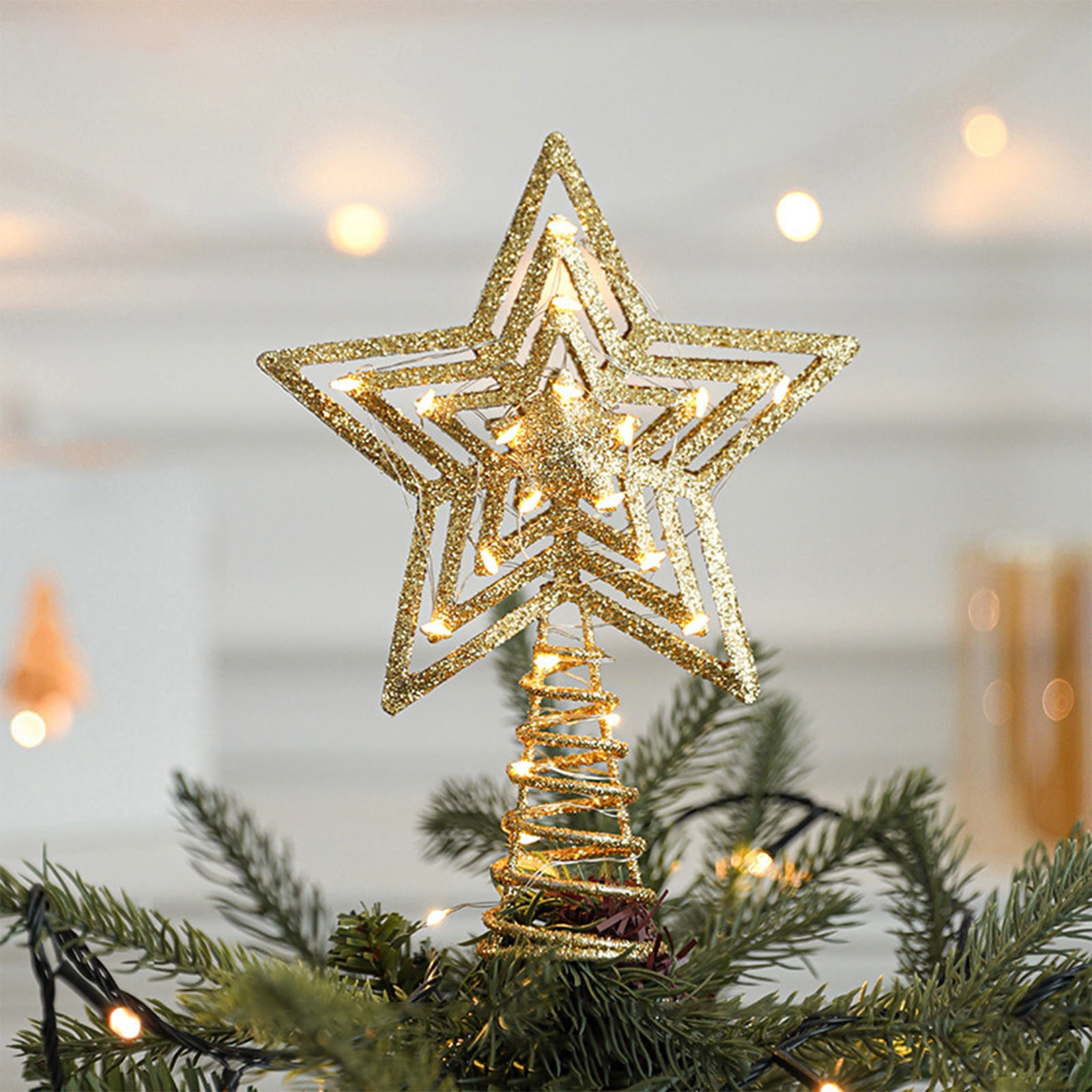 2 PCS Christmas Star Tree Topper,Glitter Star Tree Topper,Plug in 3D ...