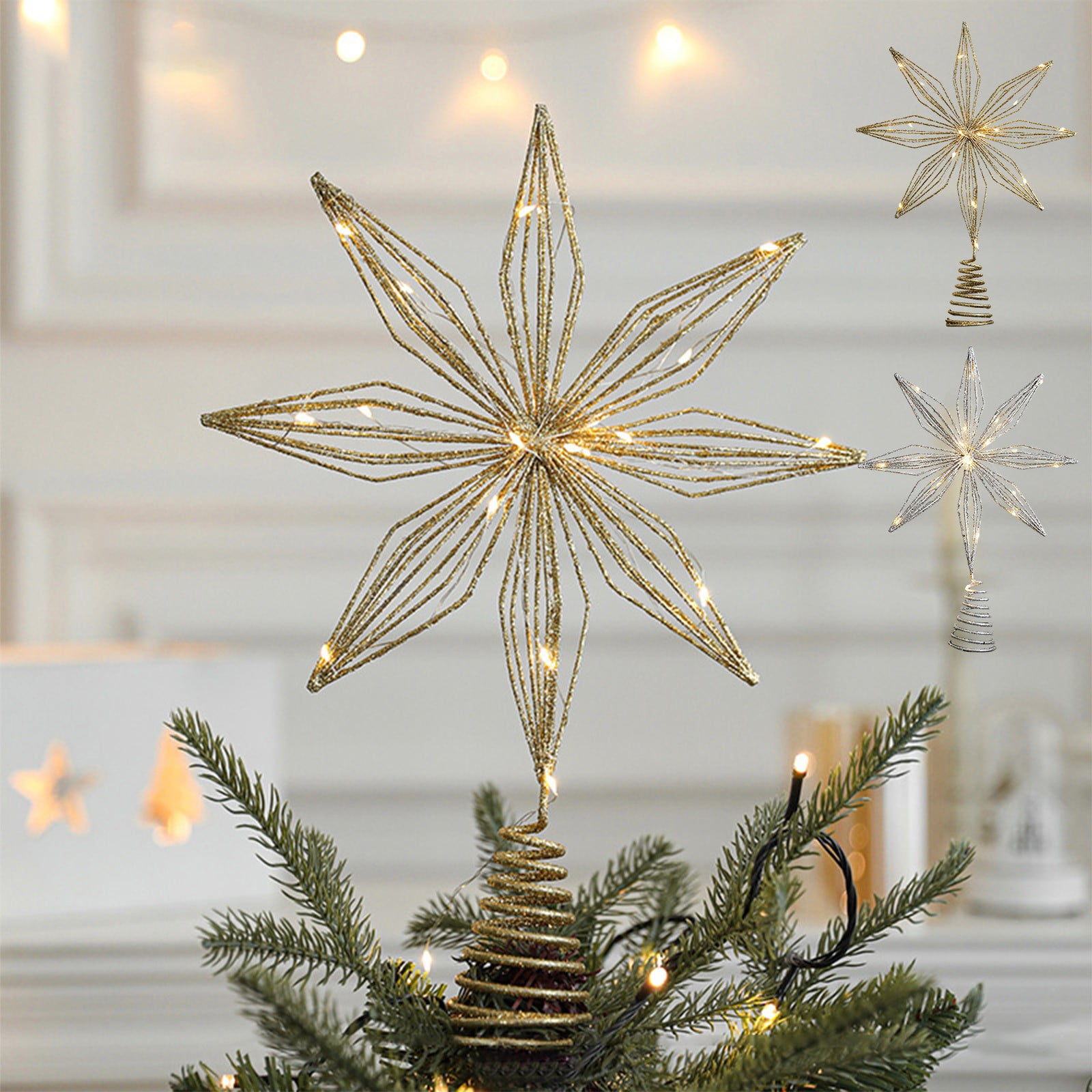 2 PCS Christmas Star Tree Topper,Glitter Star Tree Topper,Plug in 3D ...