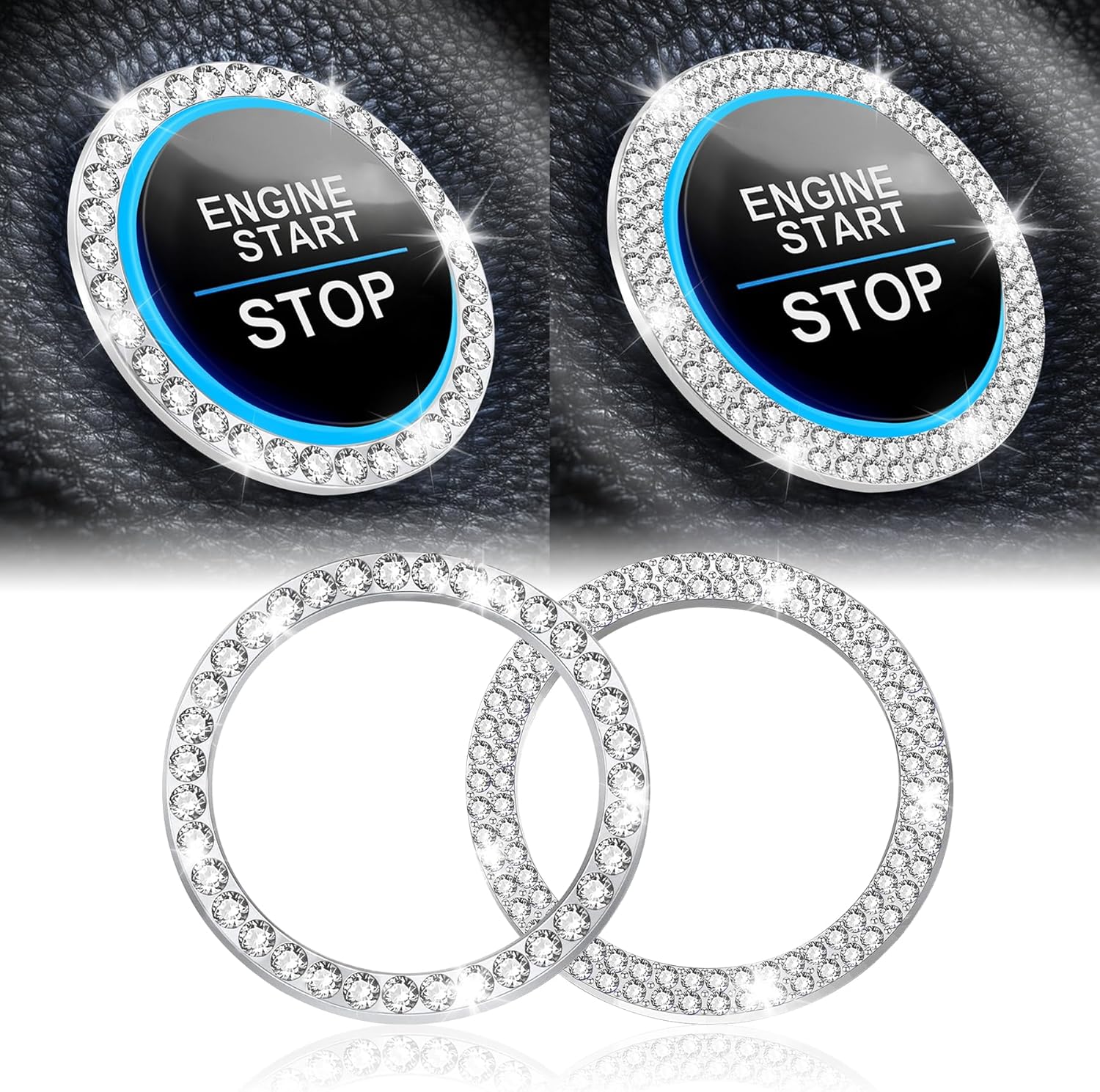 2 PCS Crystal Double Rhinestone Car Engine Start Stop Decoration Ring ...