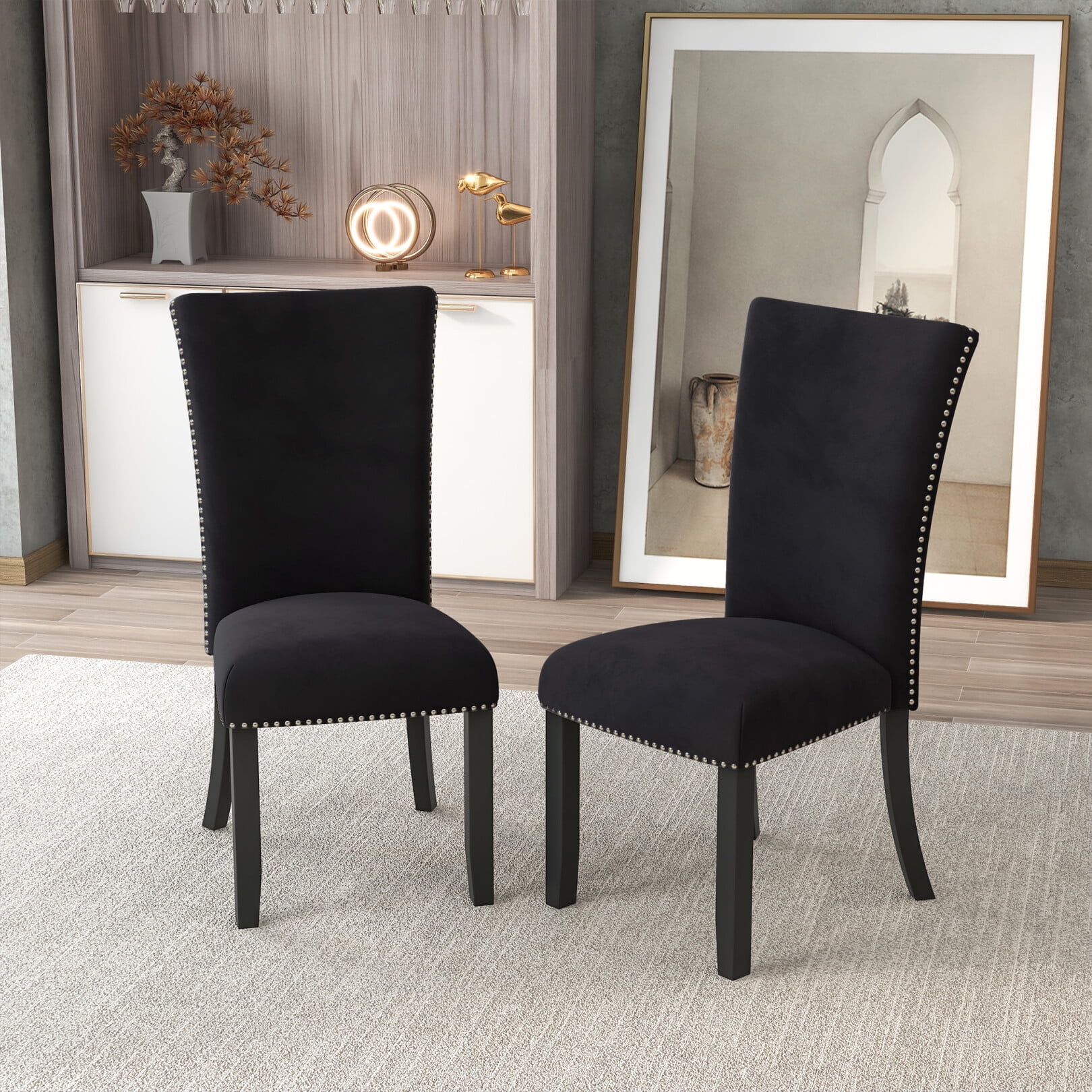 2 Pcs Dining Chairs Velvet Upholstered Side Chairs With Nailhead