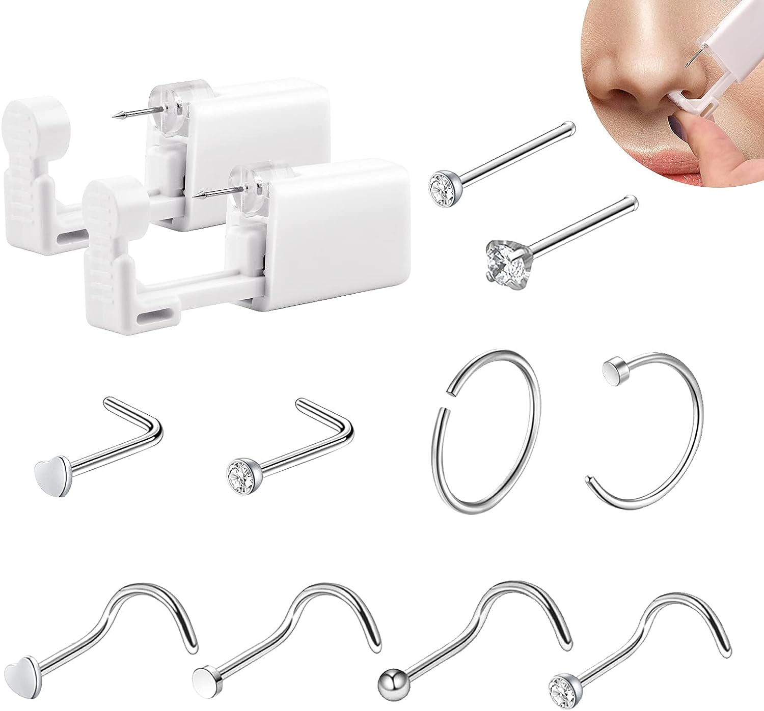 2 PCS Disposable Nose Piercing Tool Set with 10 Nose Studs No Pain ...