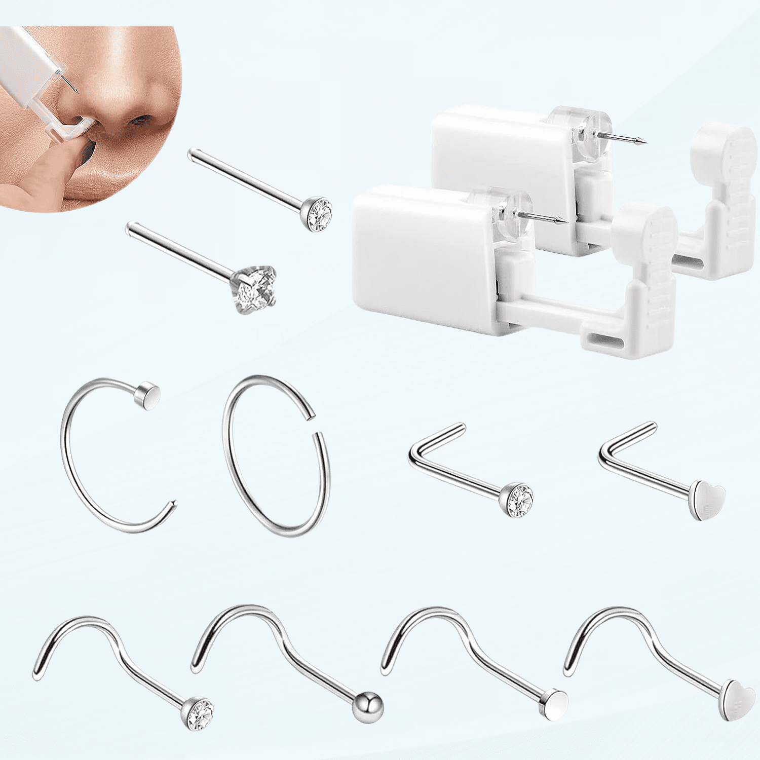 2 PCS Disposable Nose Piercing Tool Set with 10 Nose Studs No Pain ...