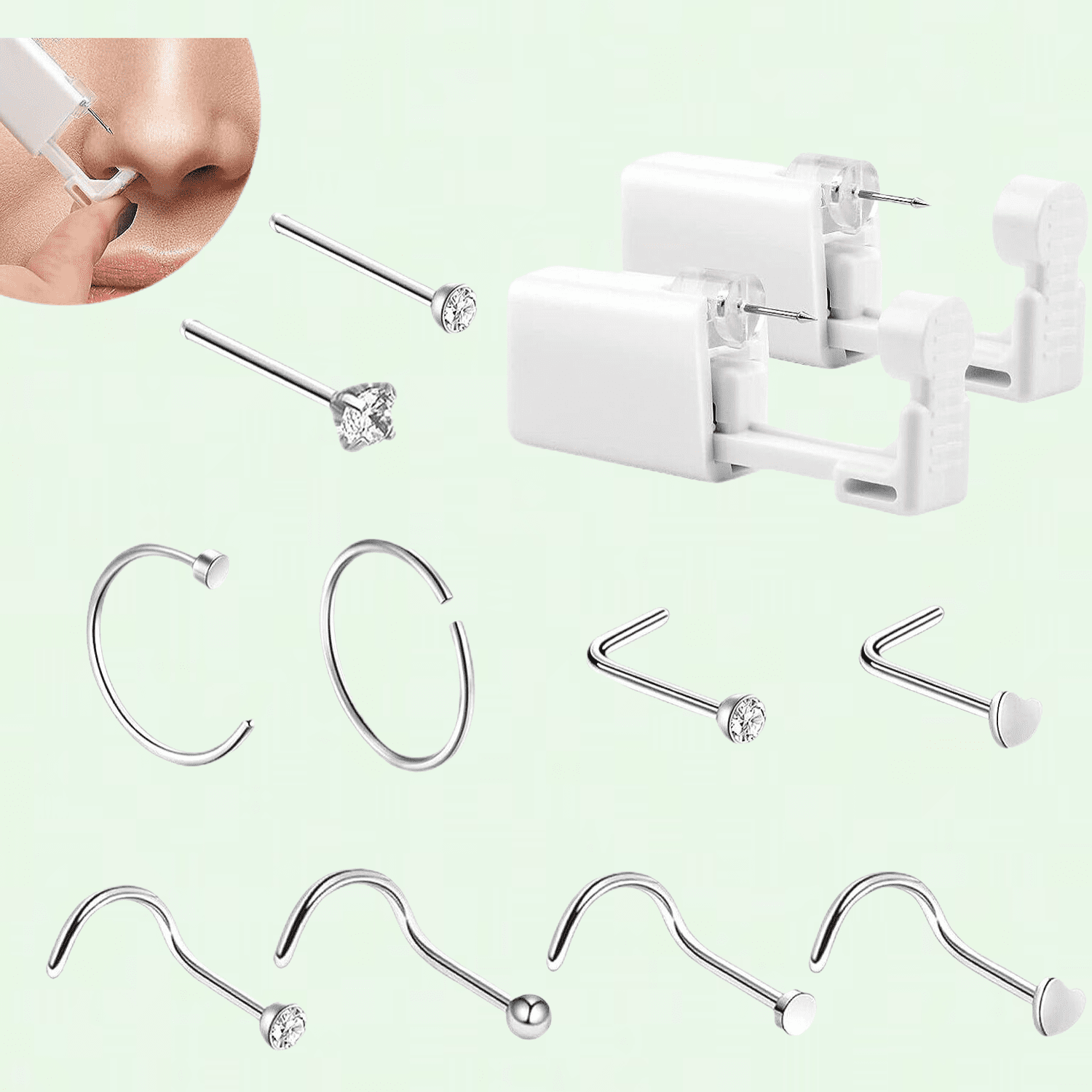 2 PCS Disposable Nose Piercing Tool Set with 10 Nose Studs, Safe and ...