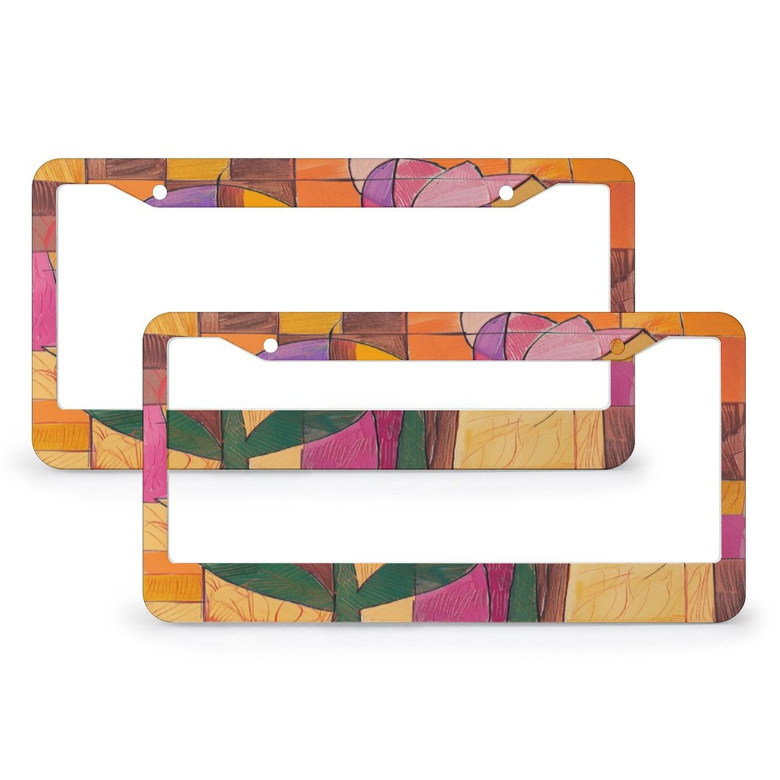 2 PCS Drawing Of Flowers Pink And Yellow License Plate Frames Spring ...