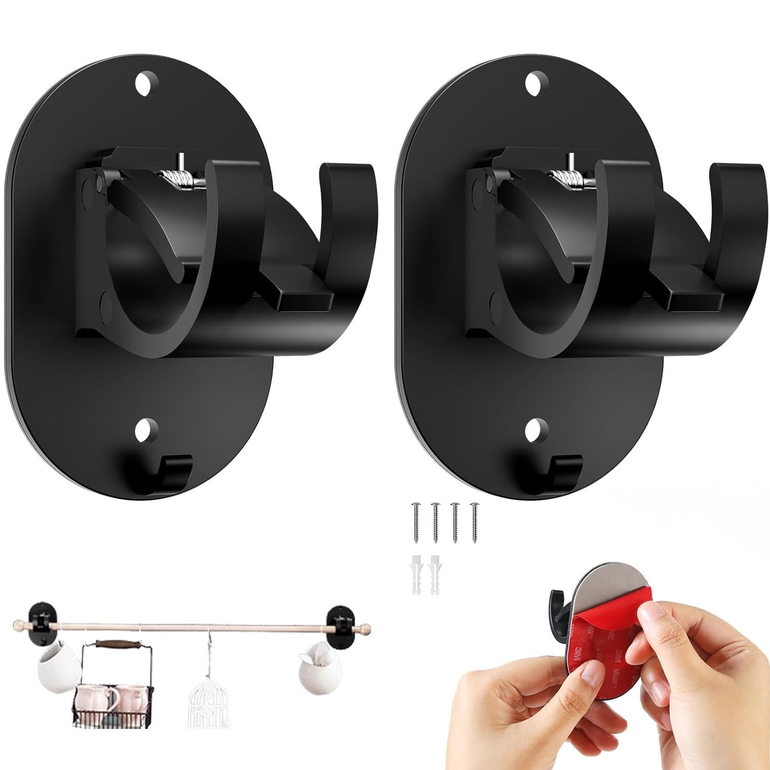 2 PCS No Drill Curtain Rod Brackets, Curtain Rods No Drilling Self ...