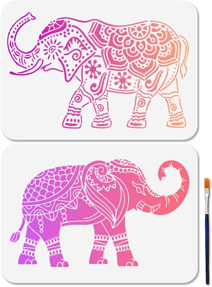 2 PCS Elephant Mandala Pattern Stencils 11.7×8.3 Inches Wild Animal ...