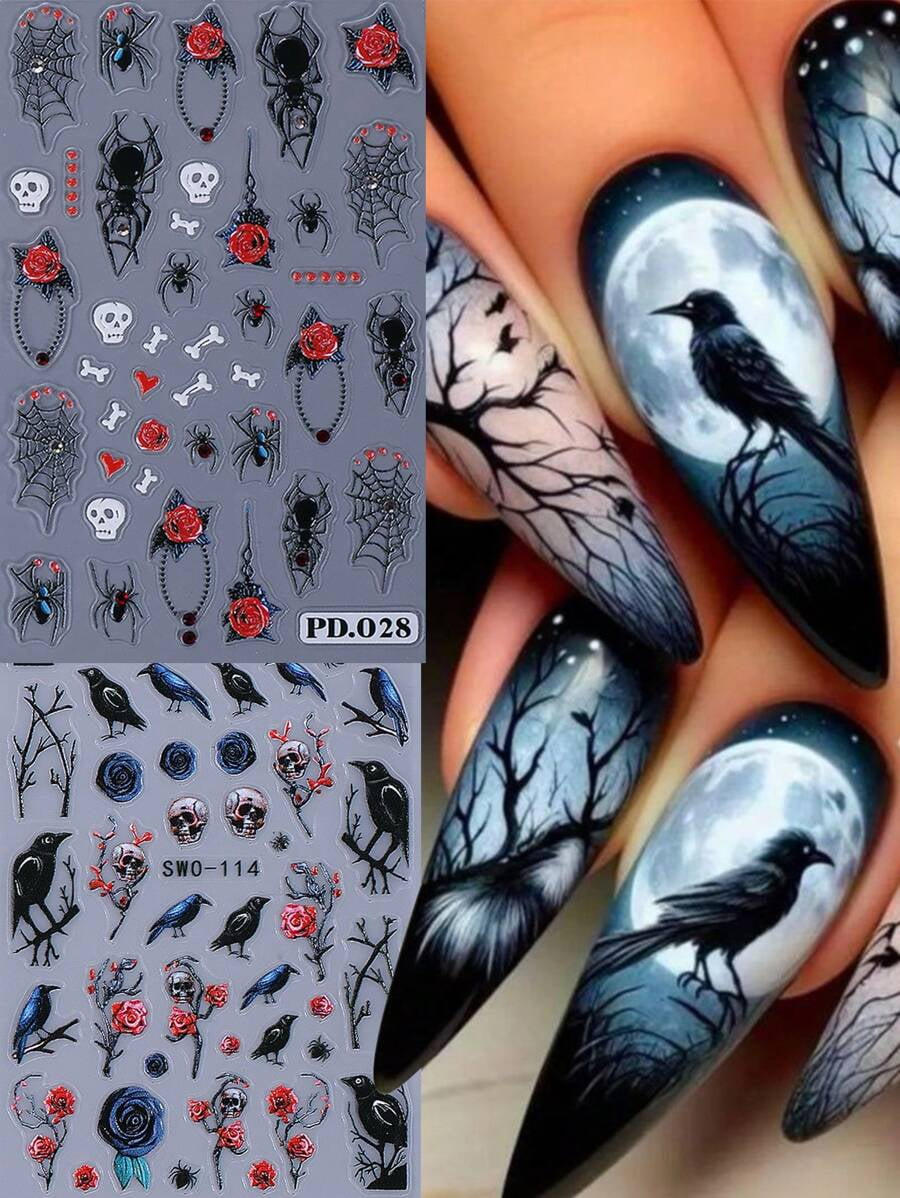 2 PCS Embossed Cute Halloween Nail Stickers Ghost Pumpkin Spider Web ...