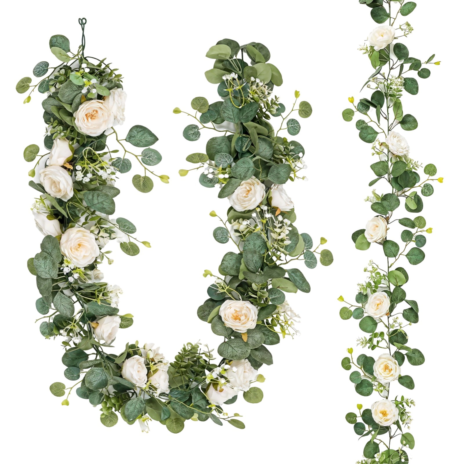 2 PCS Faux Eucalyptus Garland with White Roses, 71 in Artificial Flower ...