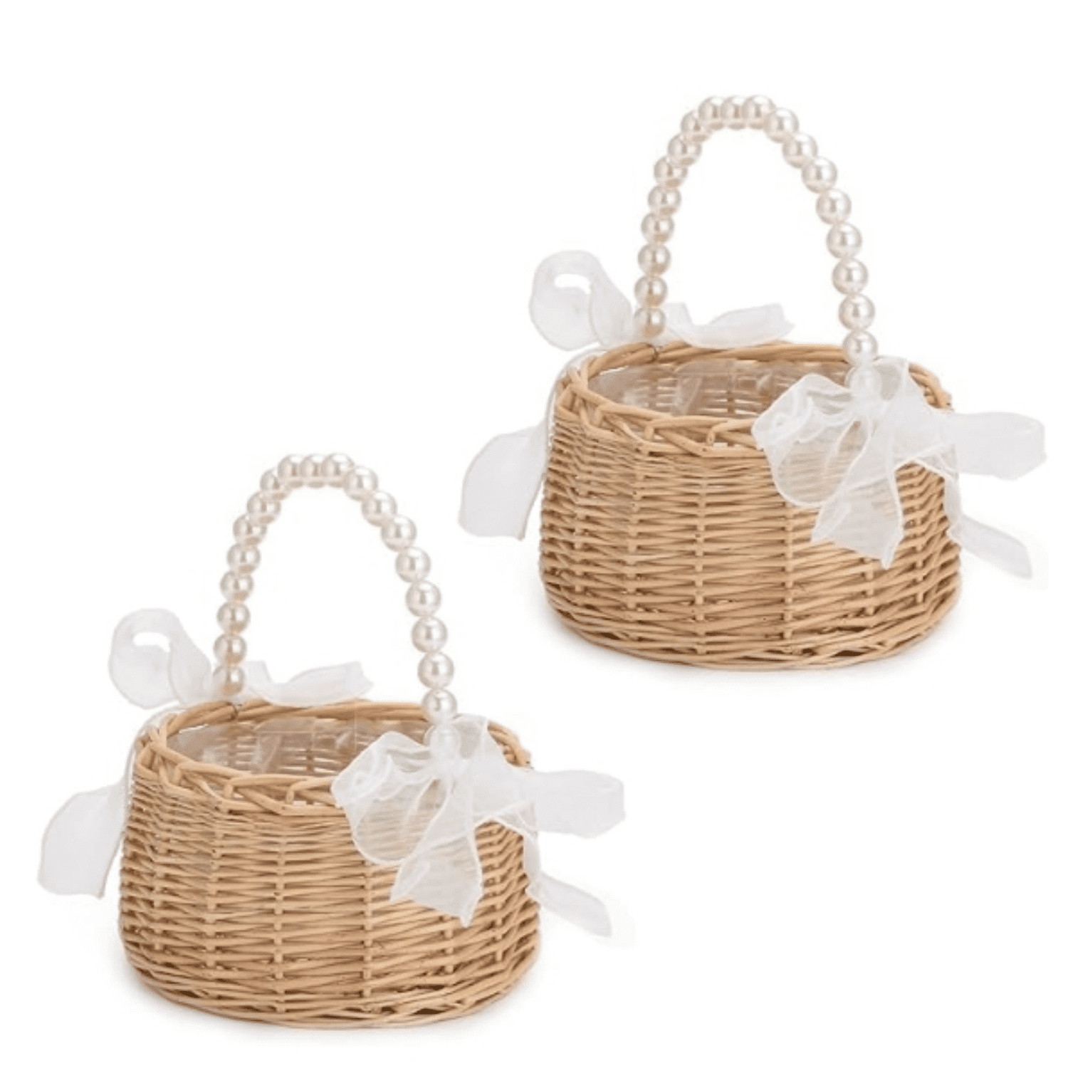2 PCS Flower Girl Basket, Pearl Handle Flower Basket with Ribbon Bow ...